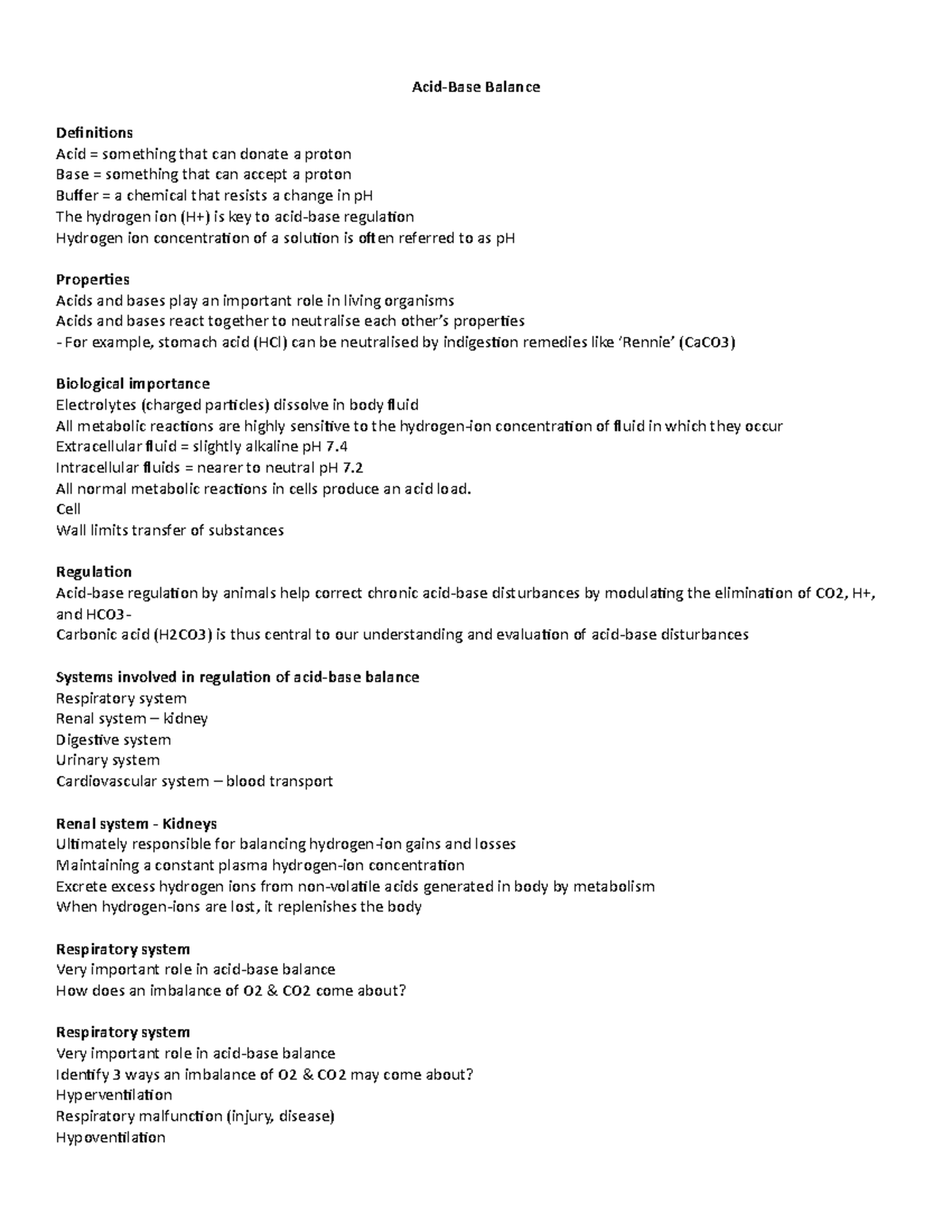 Acid-Base Balance - Lecture notes 12 - Acid-Base Balance Definitions ...