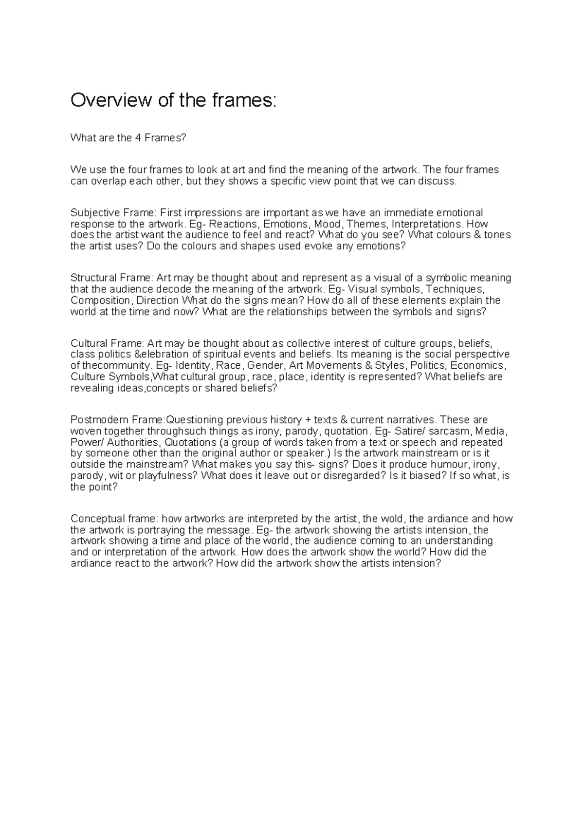 Overview of the frames - Overview of the frames: What are the 4 Frames ...