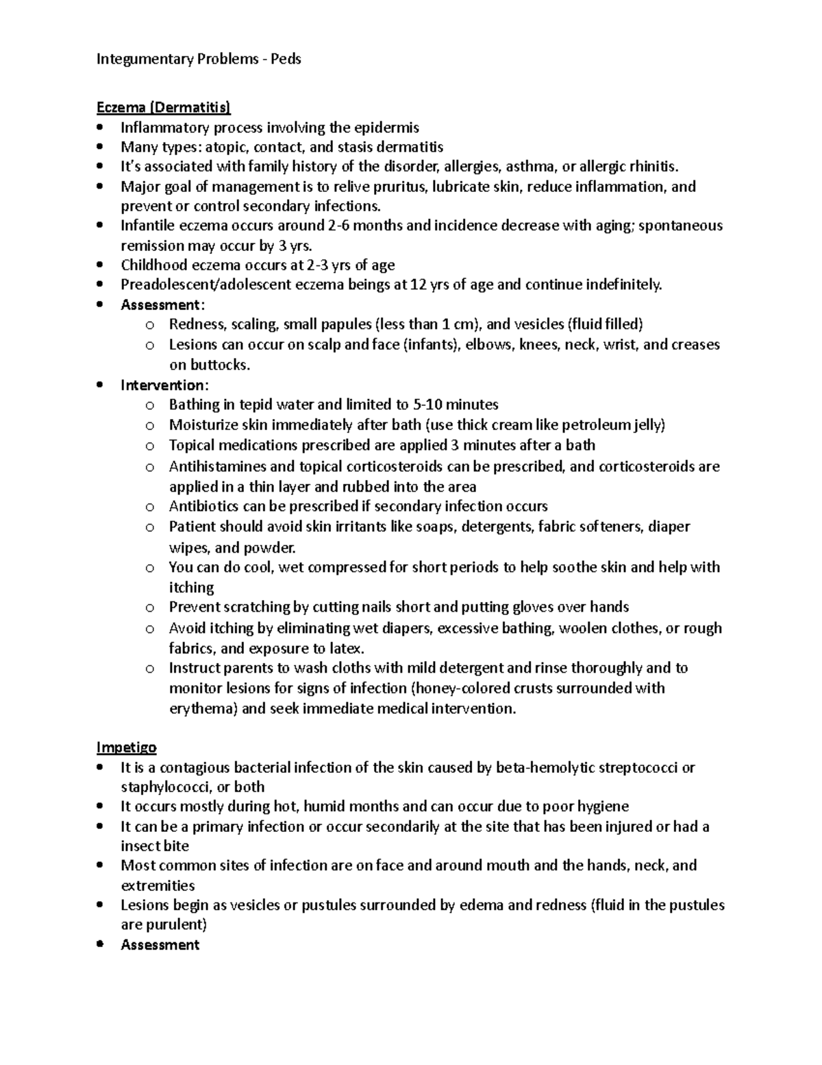 Integumentary Notes - nursing - Integumentary Problems - Peds Eczema ...