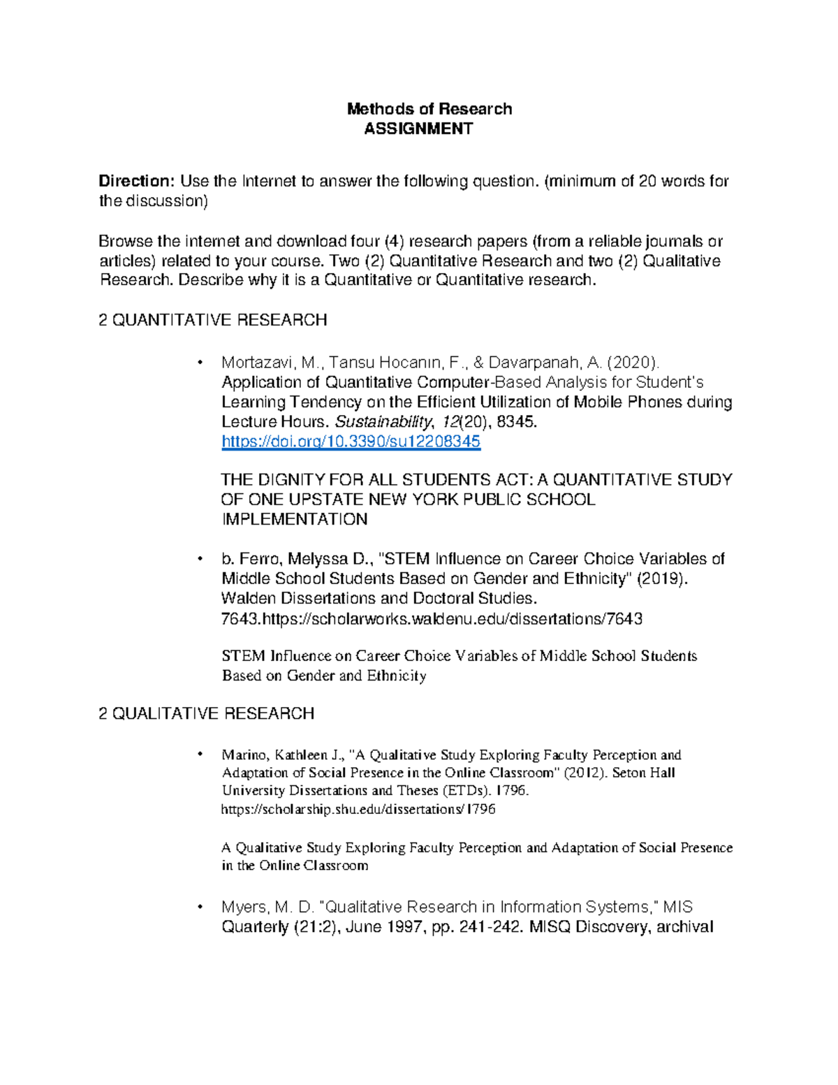 Introduction to Research Methods - Methods of Research ASSIGNMENT ...