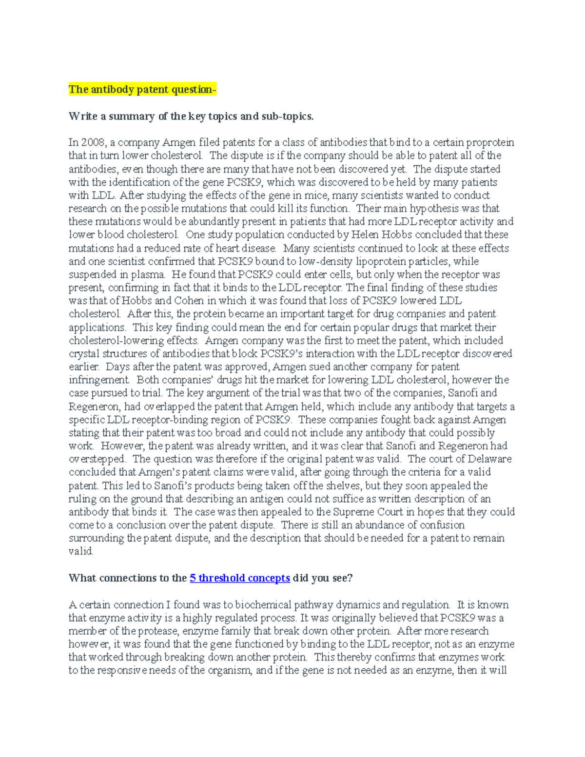 CHEM 361 Articles - The antibody patent question- Write a summary of ...