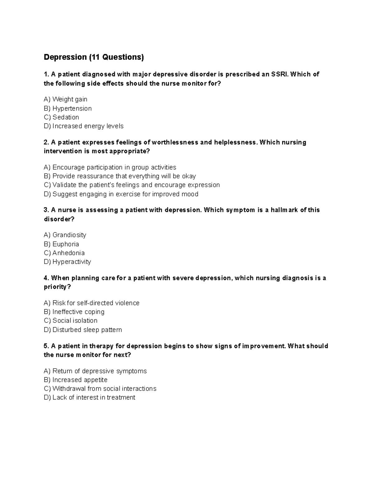 Untitled document - practice - Depression (11 Questions) A patient ...