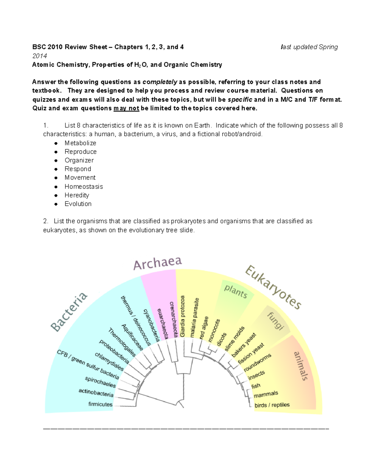 BSC 2010 Review Sheet – Chapters 1, 2, 3, and 4 - BSC 2010 Review Sheet ...