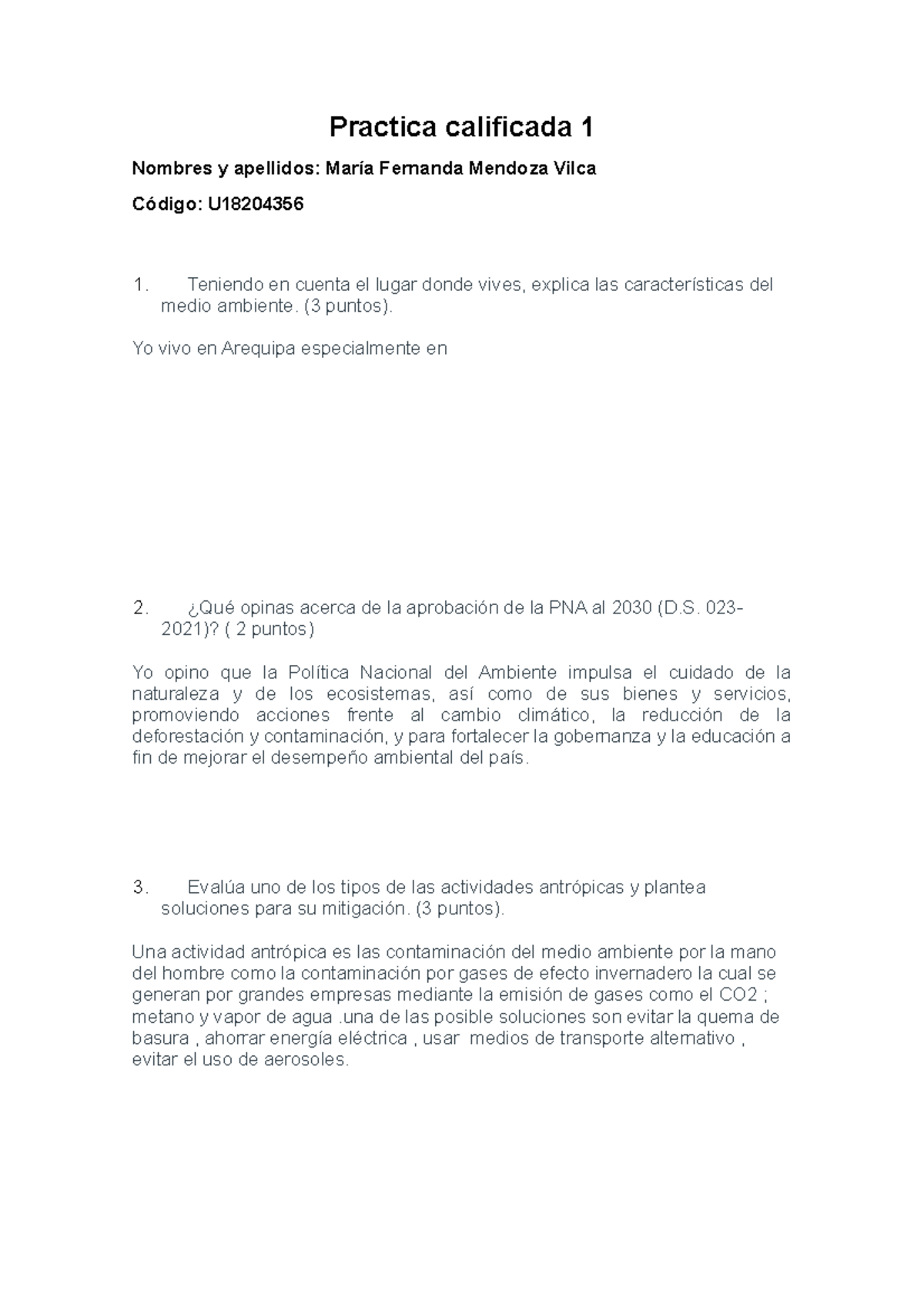Practica calificada 1 medio ambiente - Practica calificada 1 Nombres y ...