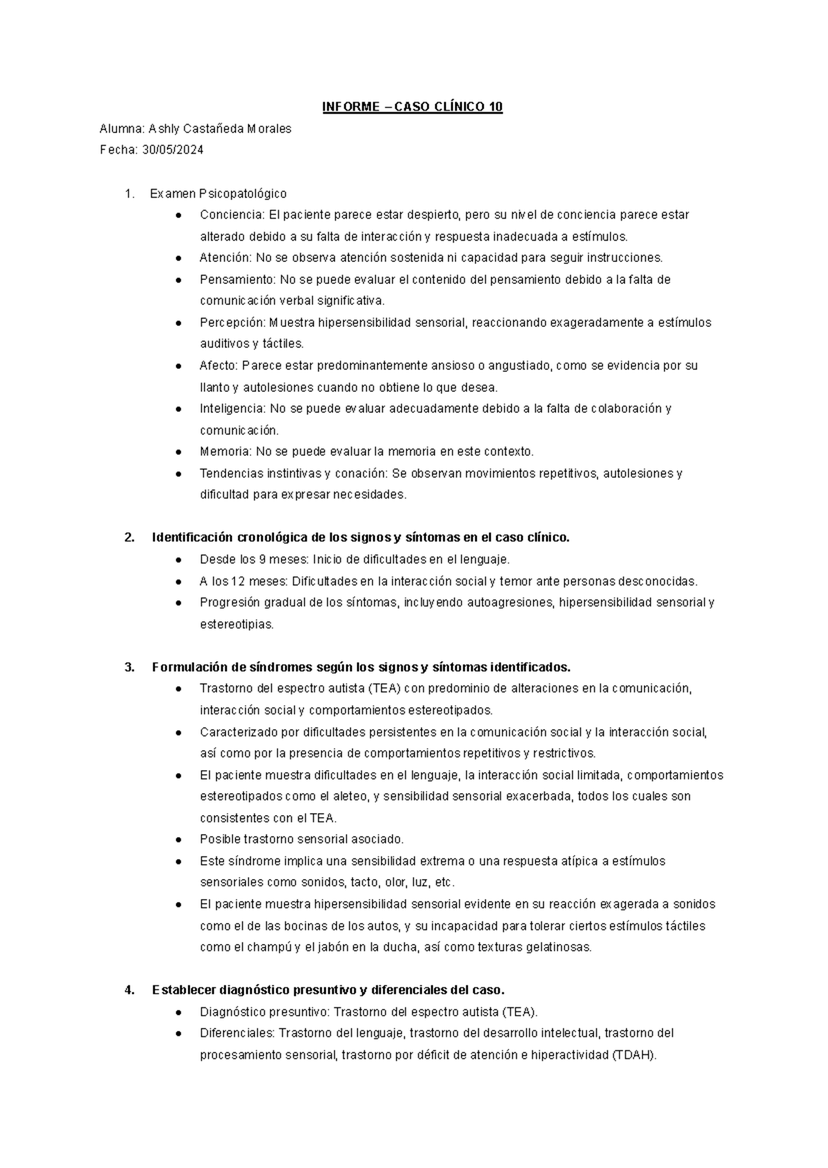 Informe – CASO Clínico 10 - INFORME – CASO CLÍNICO 10 Alumna: Ashly ...