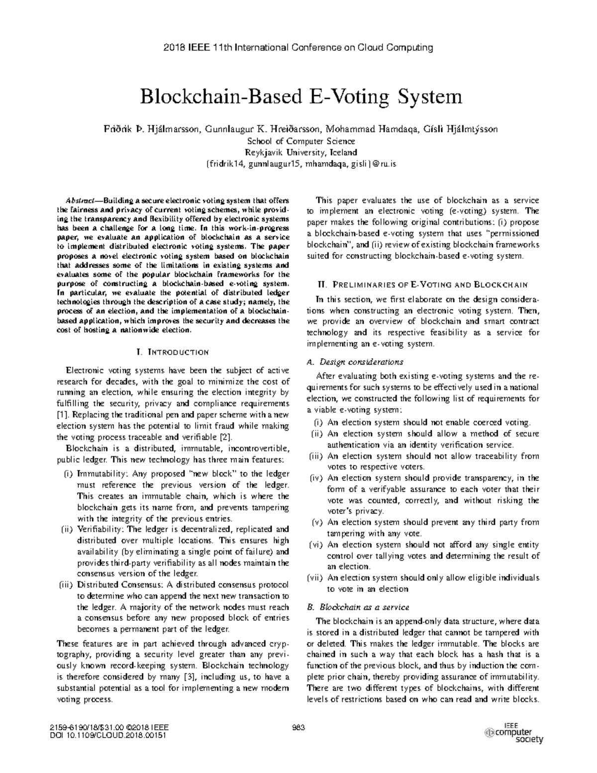 Synopsis for project - Blockchain-Based E-Voting System Friðrik Þ. Hjálmarsson, Gunnlaugur K ...