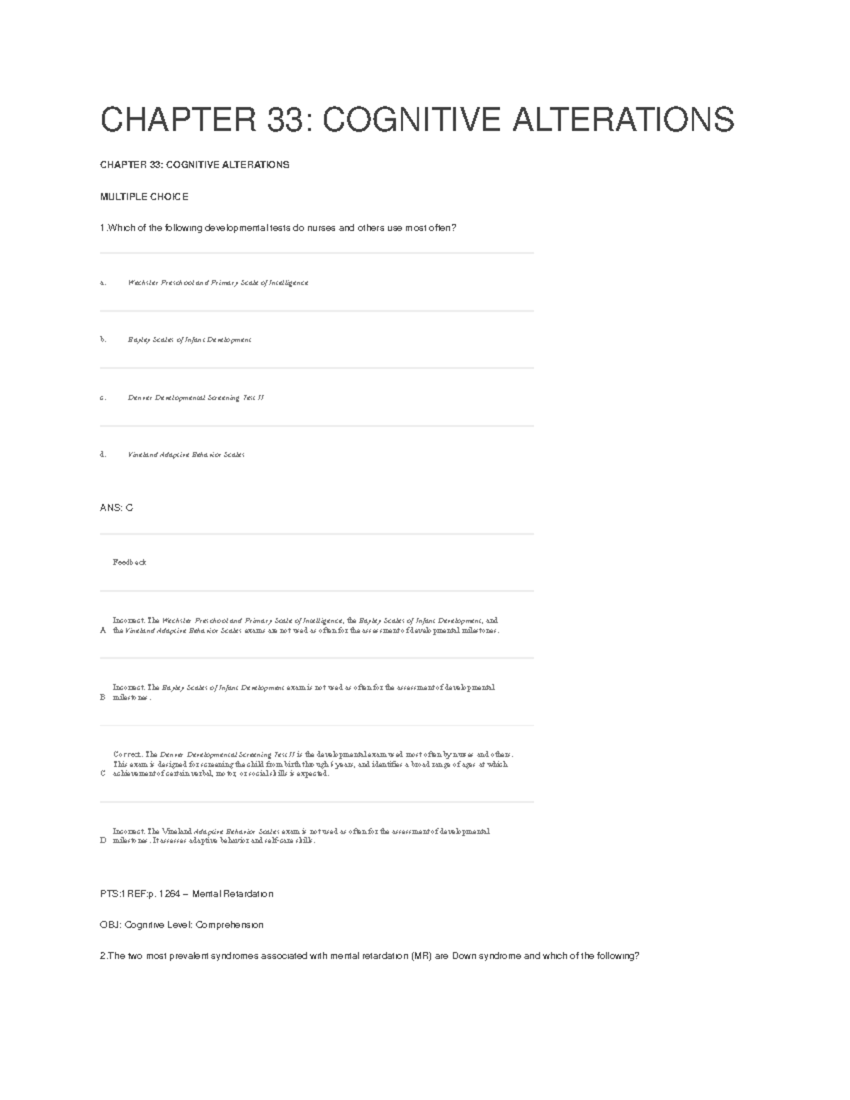 Chapter 33 Practice Questions - CHAPTER 33: COGNI TIVE ALTERATIONS ...