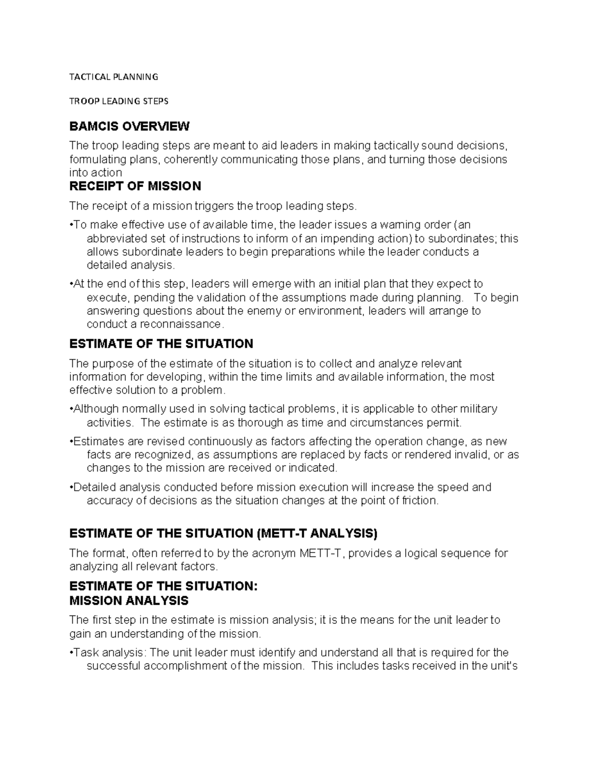 Tactical Planning - TACTICAL PLANNING TROOP LEADING STEPS BAMCIS ...