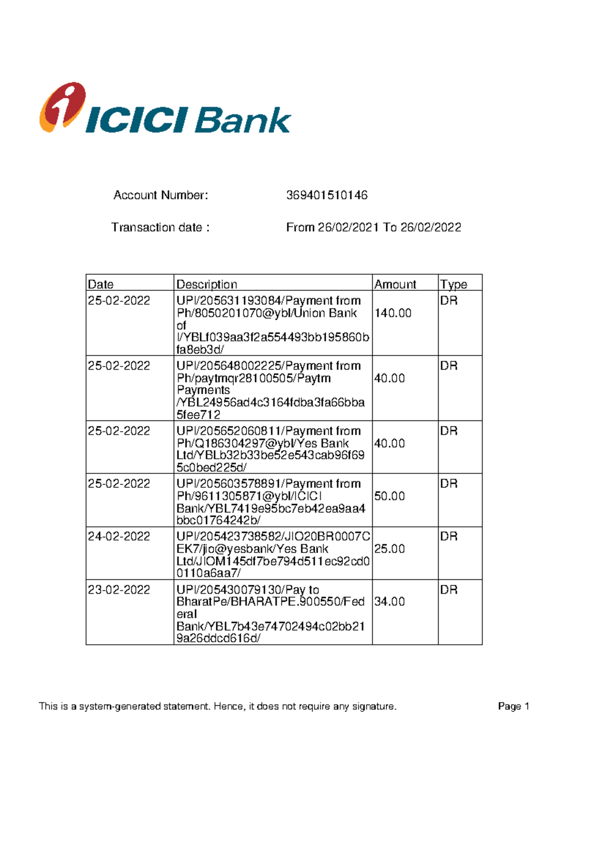 Statement 1645856186927 - Transaction date : From 26/02/2021 To 26/02 ...