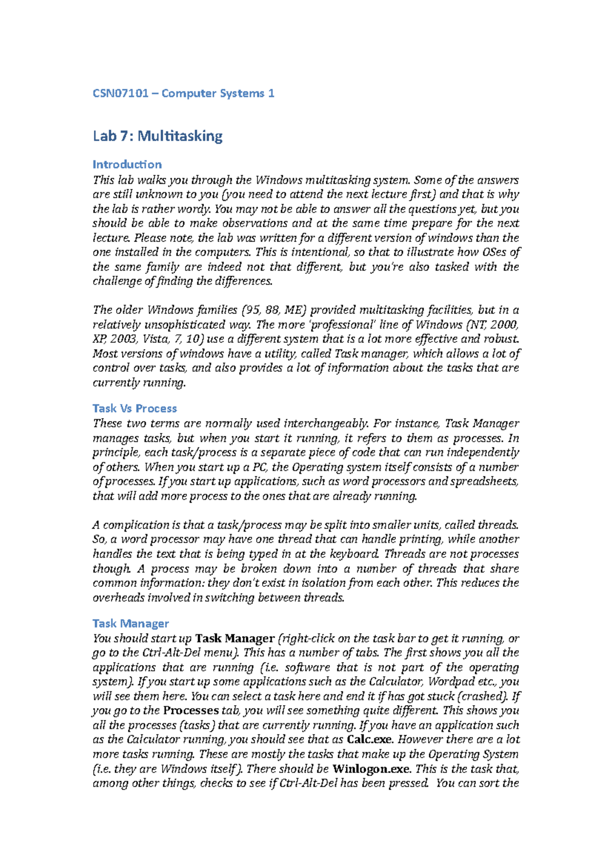 Lab 7 - Multitasking - CSN07101 – Computer Systems 1 Lab 7 ...