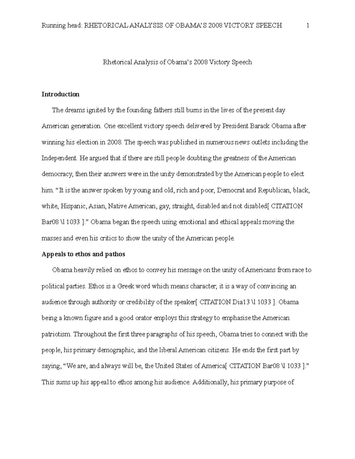 Rhetorical Analysis of Obama’s 2008 Victory Speech - Running head ...
