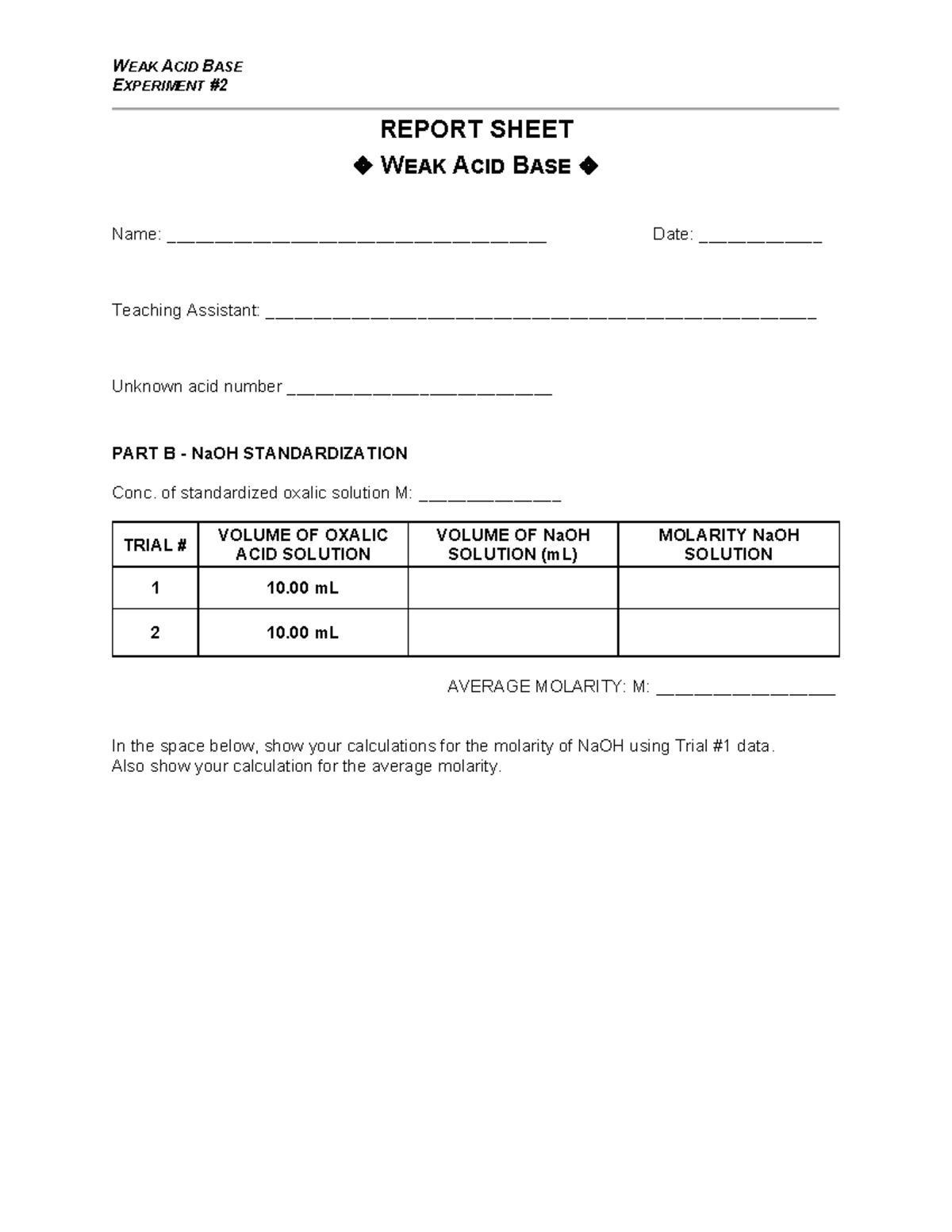 Weak Acid Base Report Sheets - WEAK ACID BASE EXPERIMENT REPORT SHEET ...