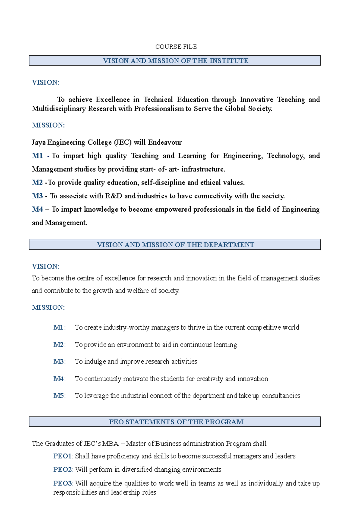 HRM Course FILE - lesson plan details - COURSE FILE VISION AND MISSION ...