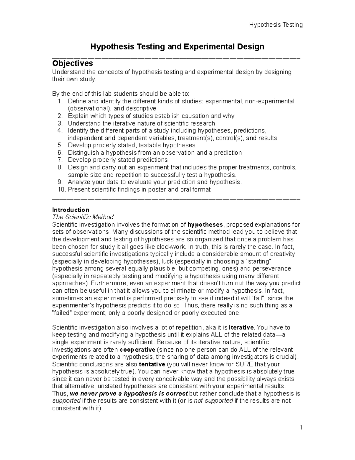 Printme Hypothesis Testing and Experimental Design - Hypothesis Testing ...