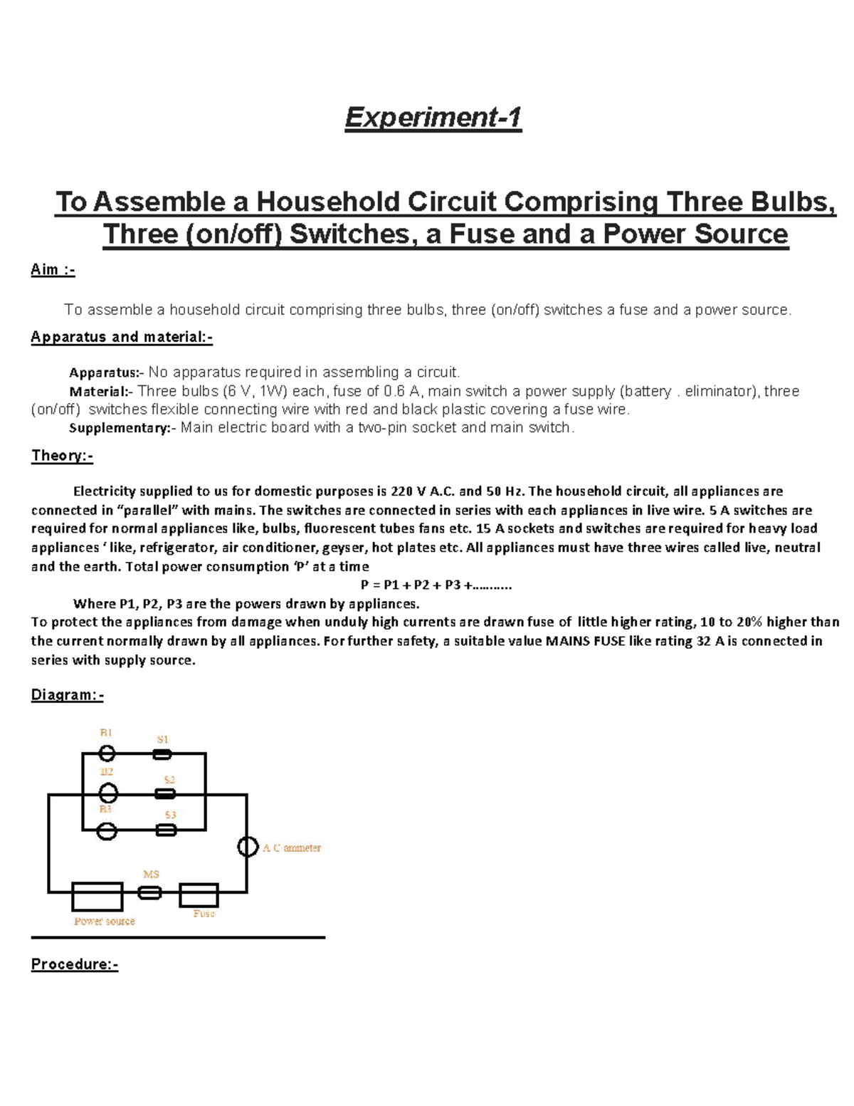 Ex-1 - Experiment- To Assemble a Household Circuit Comprising Three ...