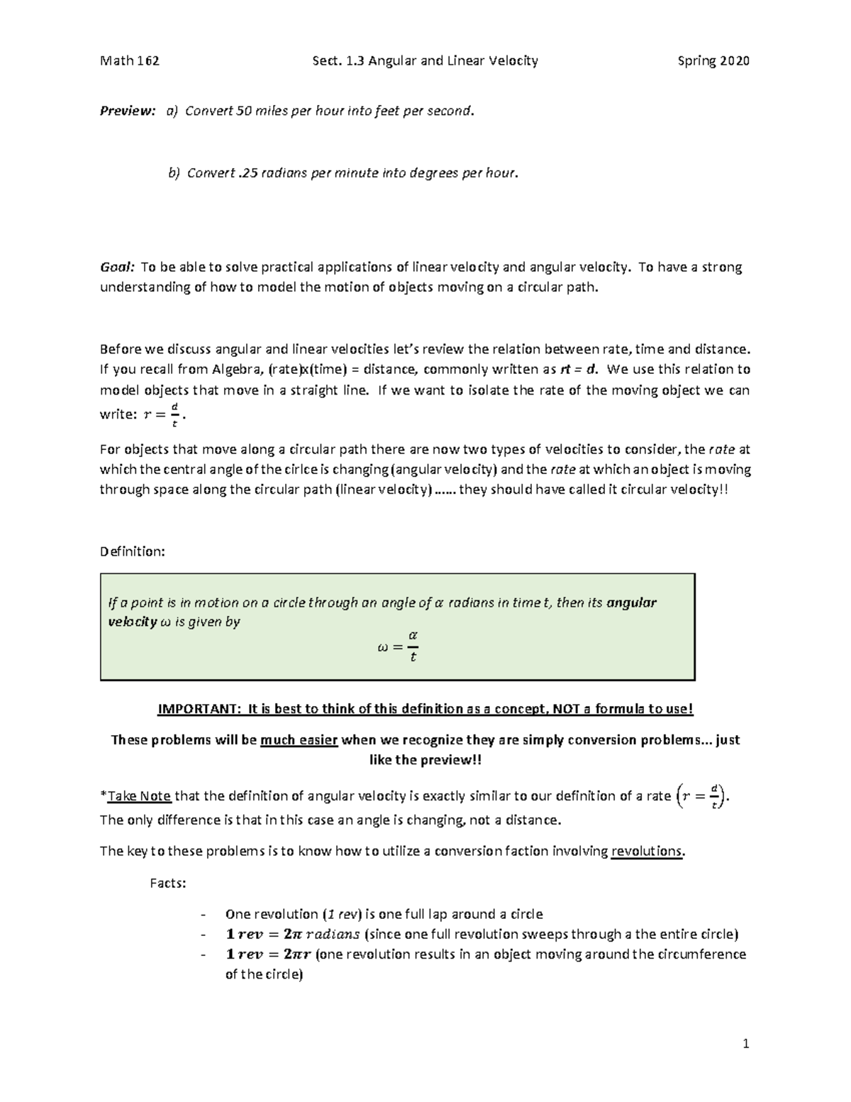 Math 162- Sect. 1.3 Notes - Preview: a) Convert 50 miles per hour into ...