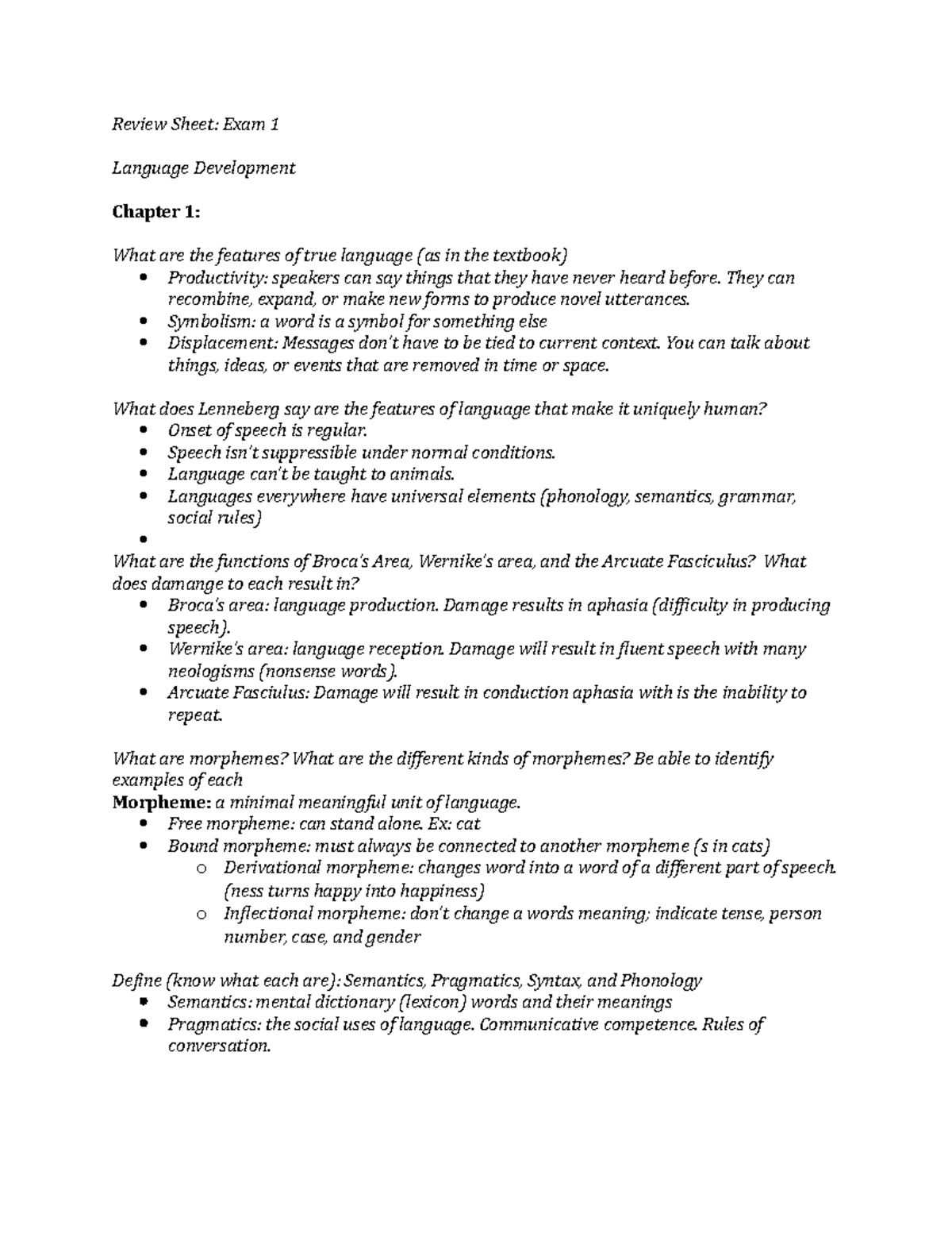 Exam 1 Review sheet - Review Sheet: Exam 1 Language Development Chapter ...