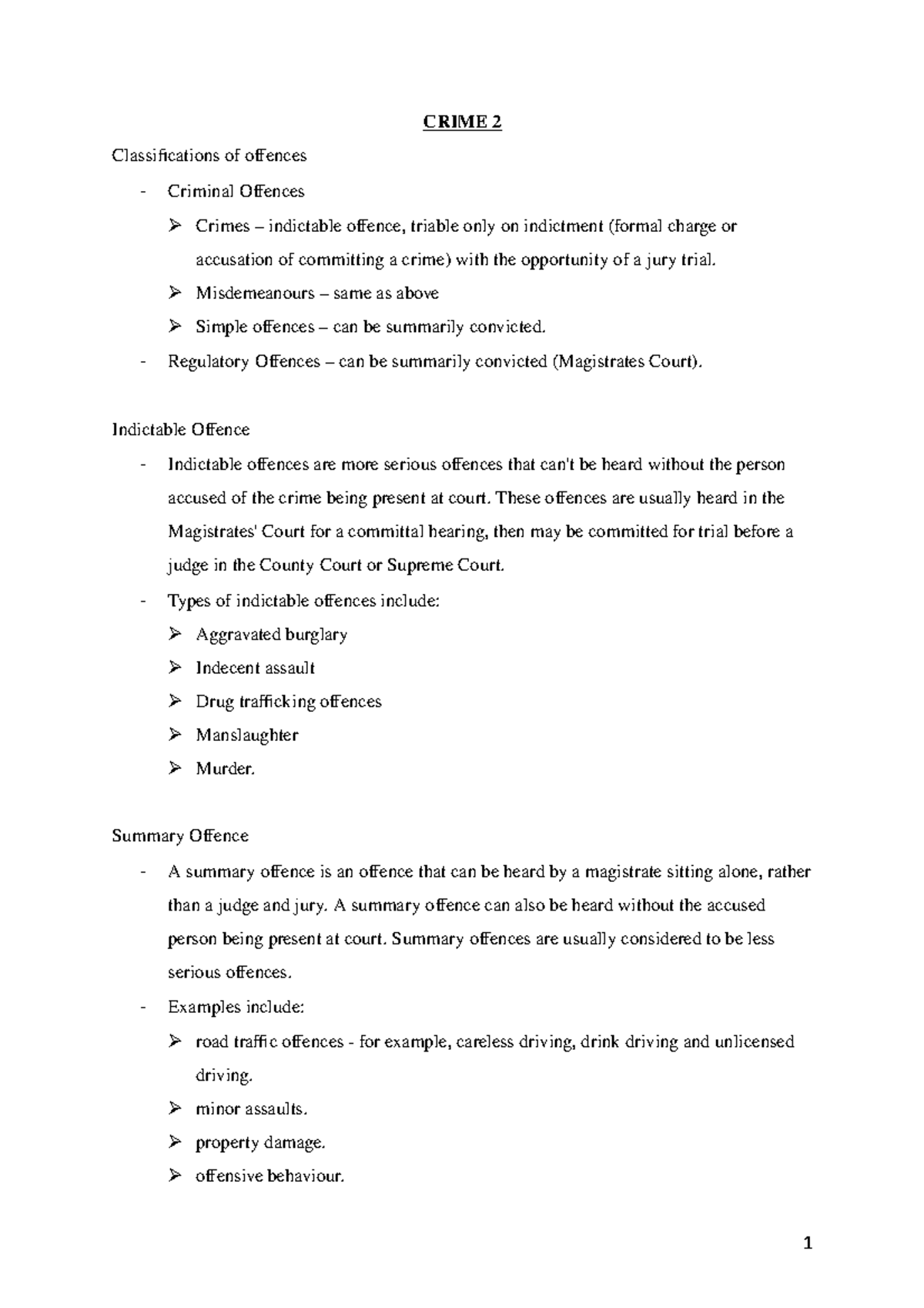 Crime 2- Notes - CRIME 2 Classifications of offences - Criminal ...