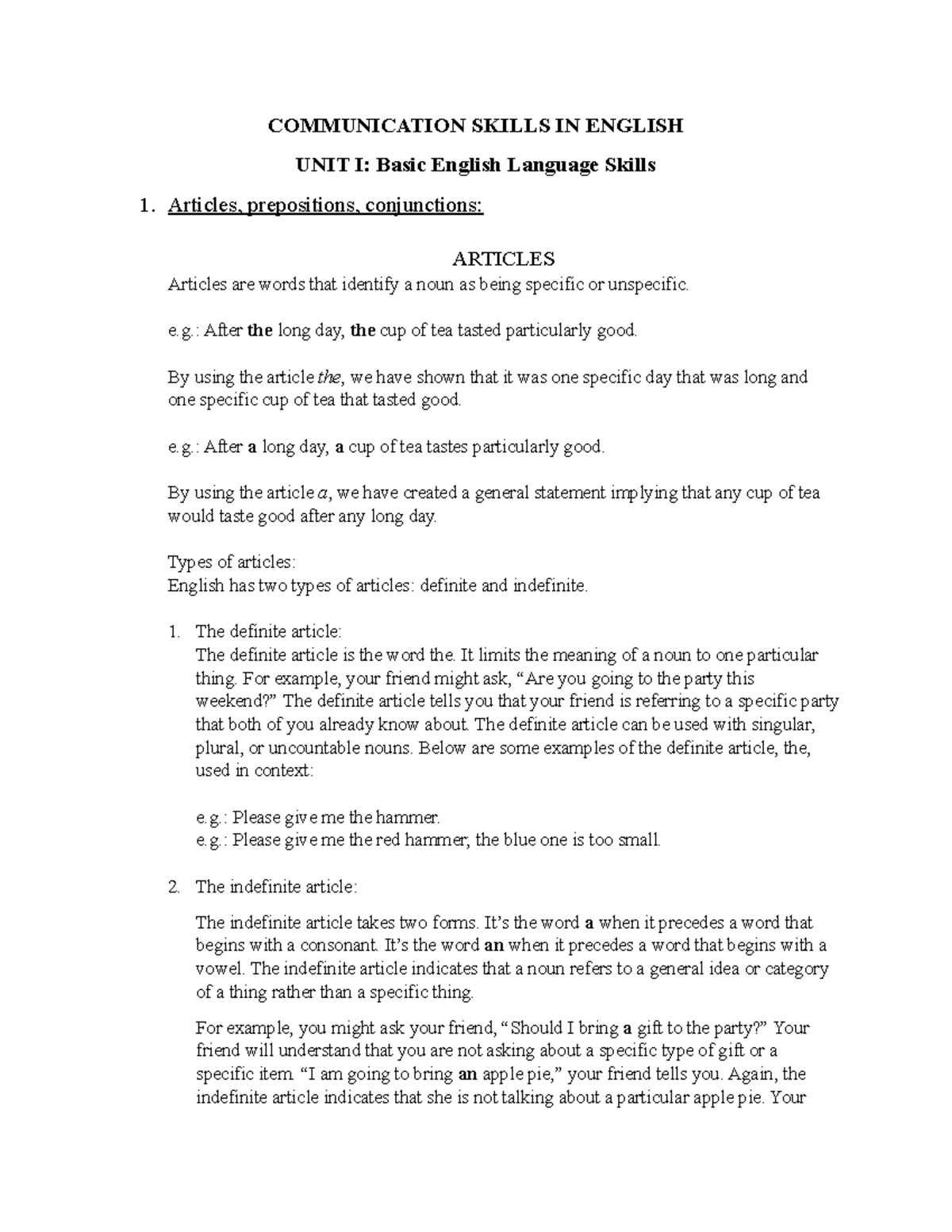 english notes for fy - COMMUNICATION SKILLS IN ENGLISH UNIT I: Basic ...