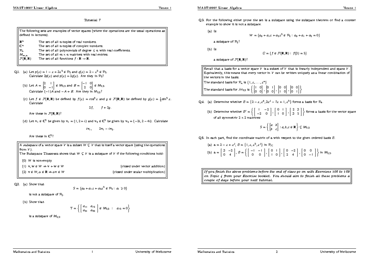 T07questions - prac - MAST10007 Linear Algebra Version 1 Tutorial 7 The ...