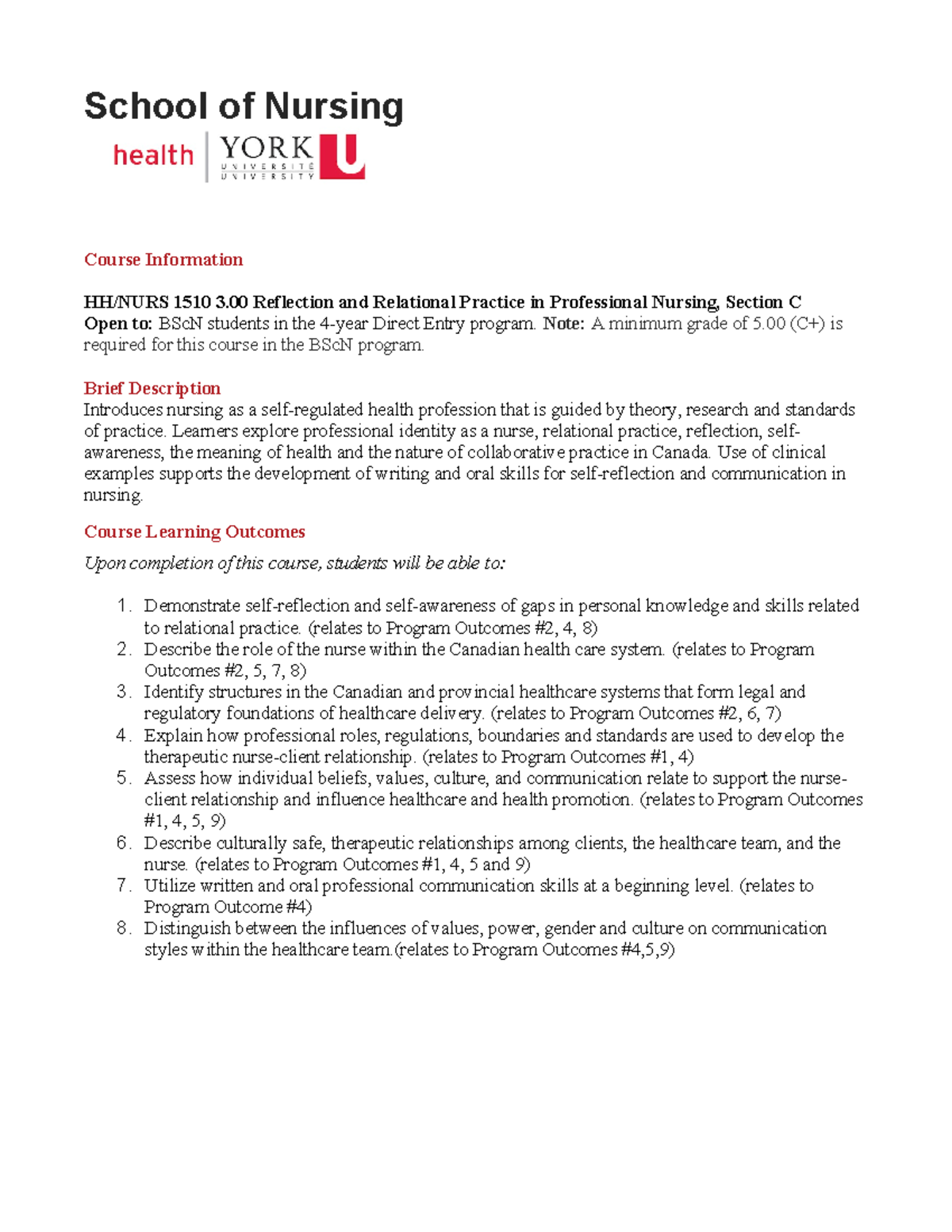 Course Outline - Notes - School of Nursing Course Information HH/NURS ...