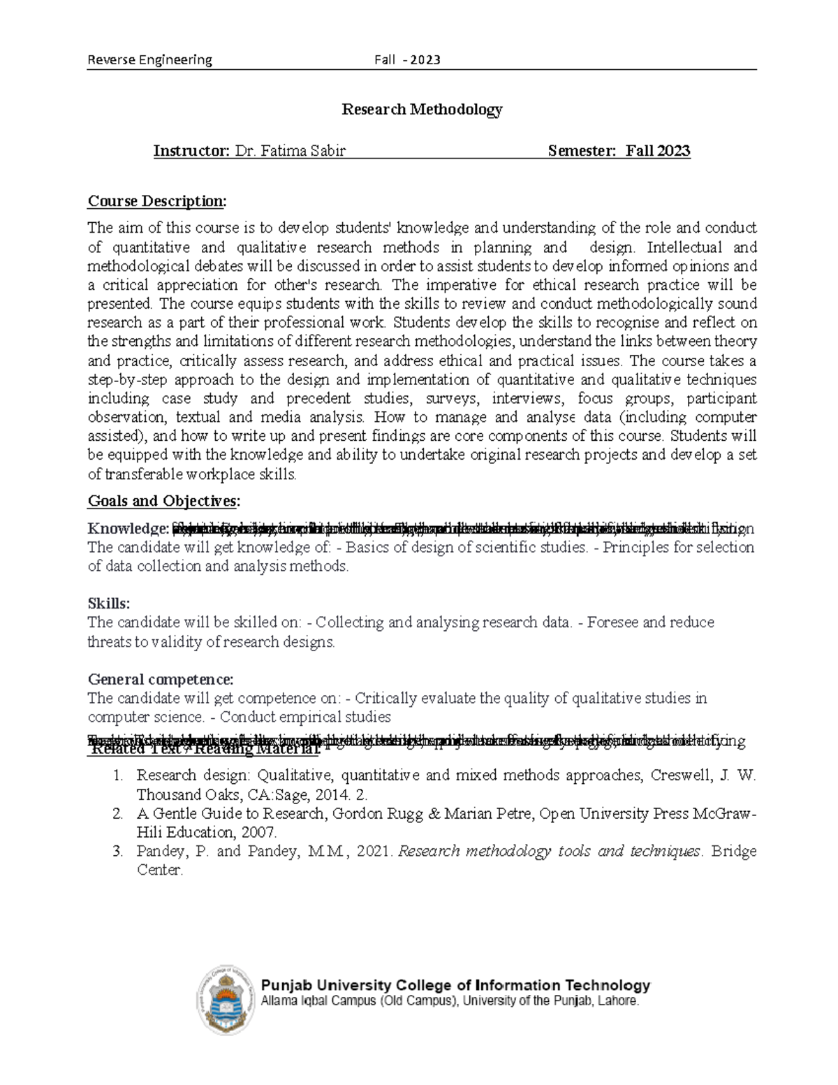 RM outline - Reverse Engineering Fall - 2023 Research Methodology ...
