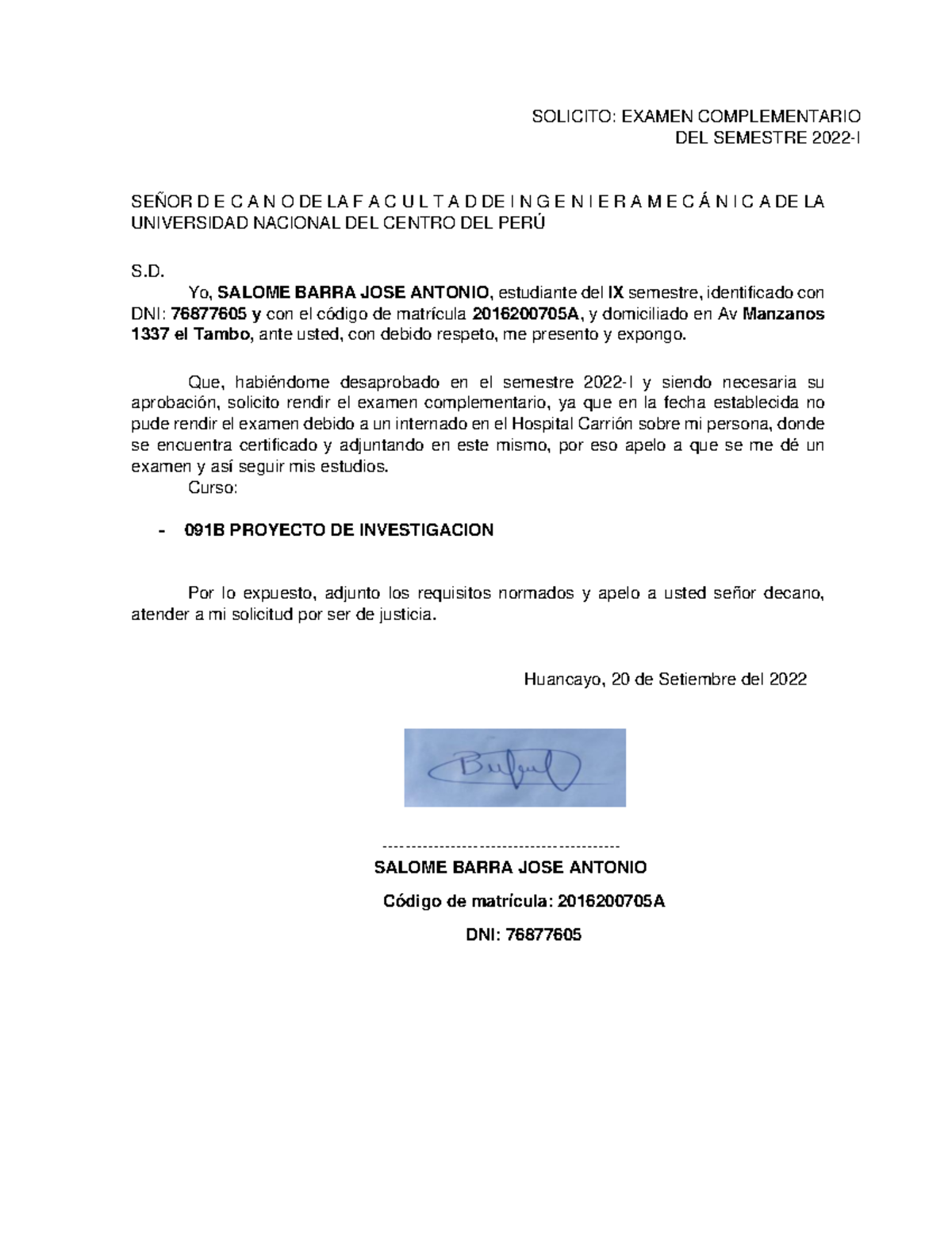 Solicitud De Examen complementario salome barra ultimo - SOLICITO: EXAMEN COMPLEMENTARIO DEL ...