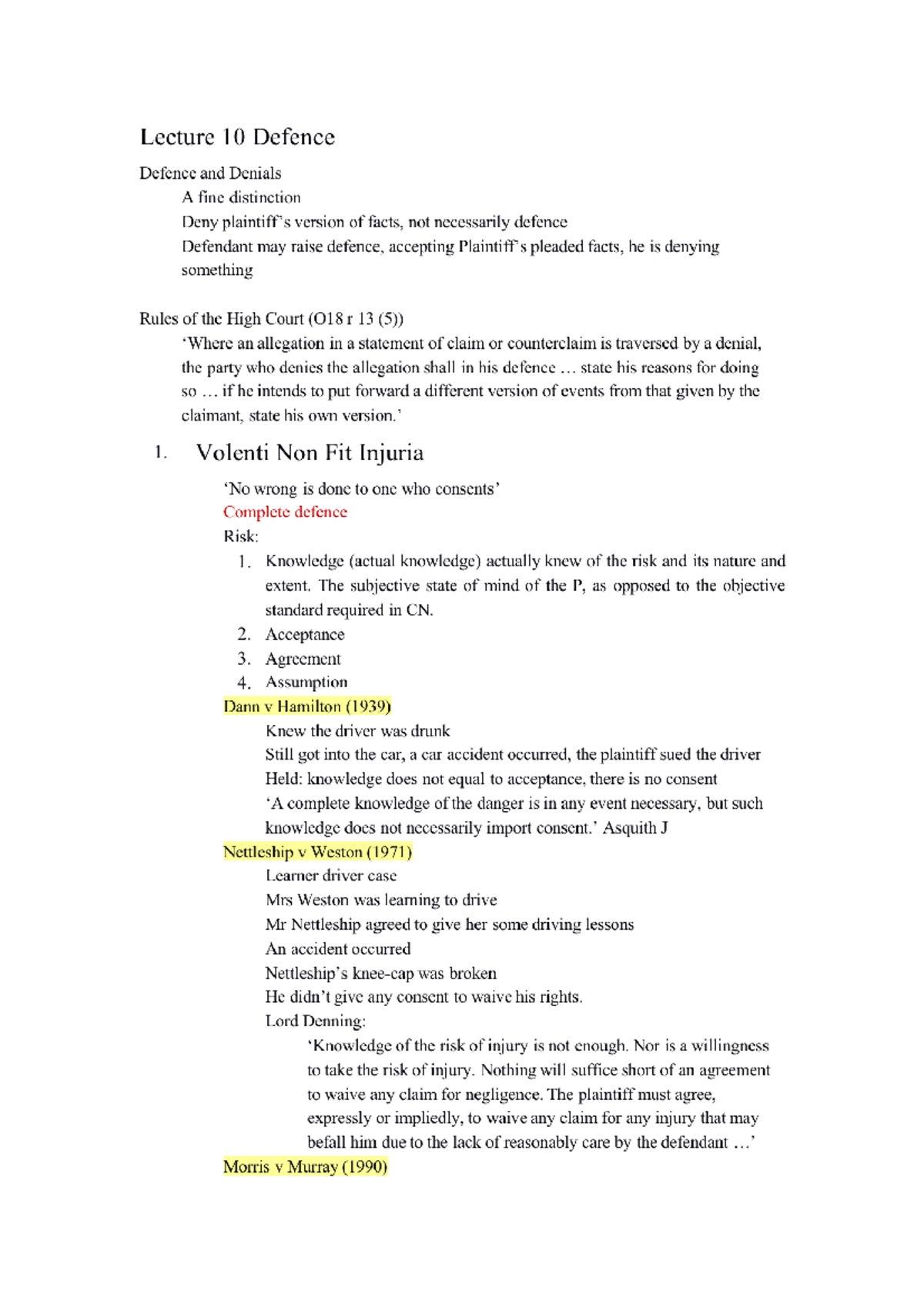 Lecture 10 tort defence - Law of Tort I - Studocu