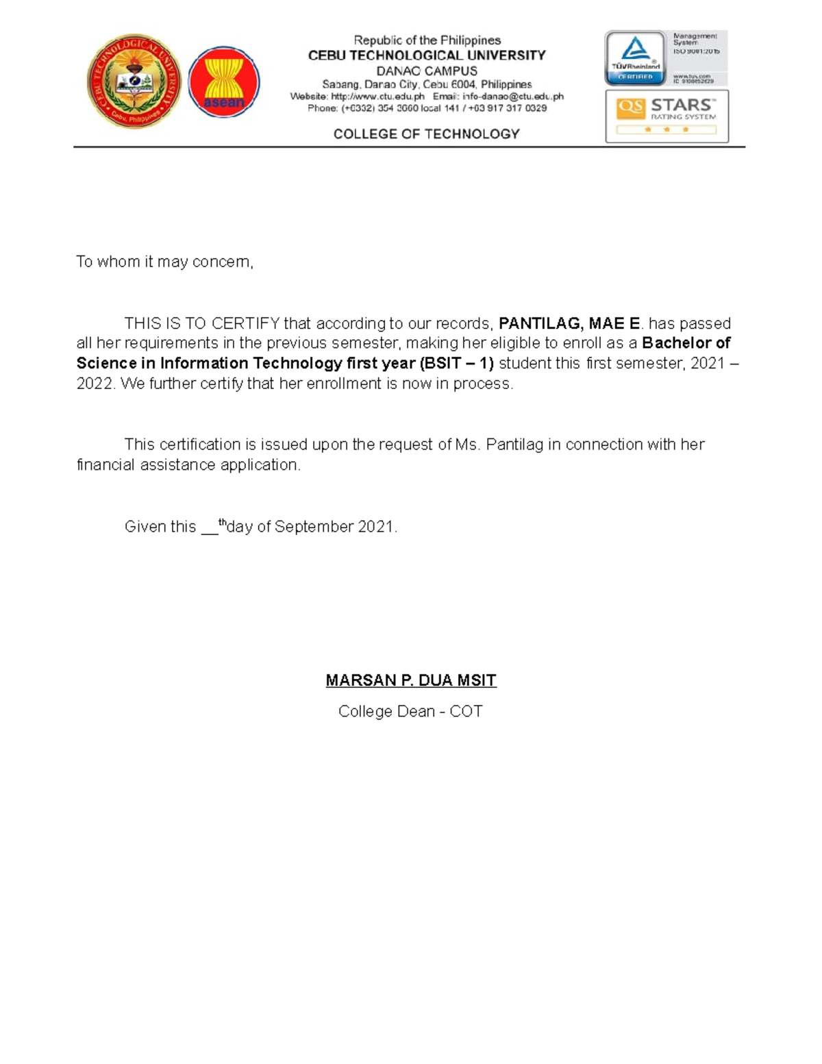 Scholarship letter in ctu danao forever 21 - Marketing Management - CTU ...