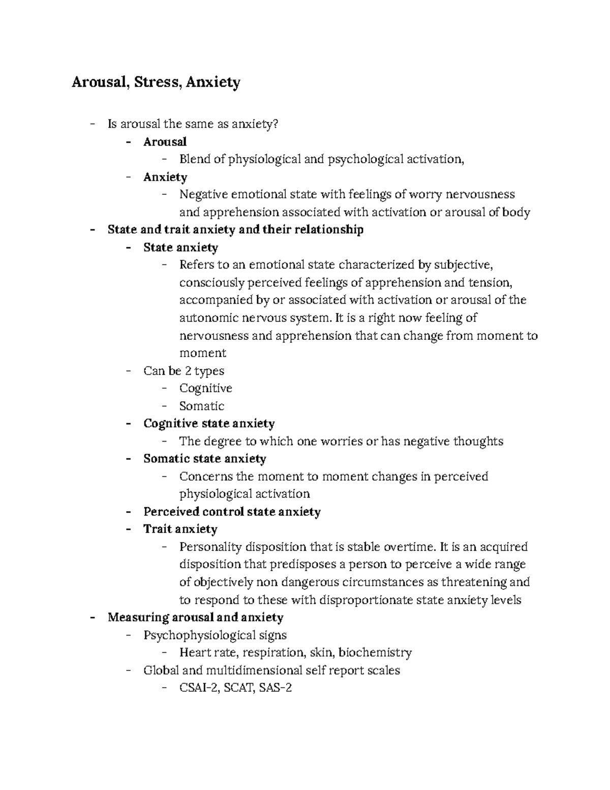 Notes 4 - Arousal, Stress, Anxiety Is arousal the same as anxiety ...
