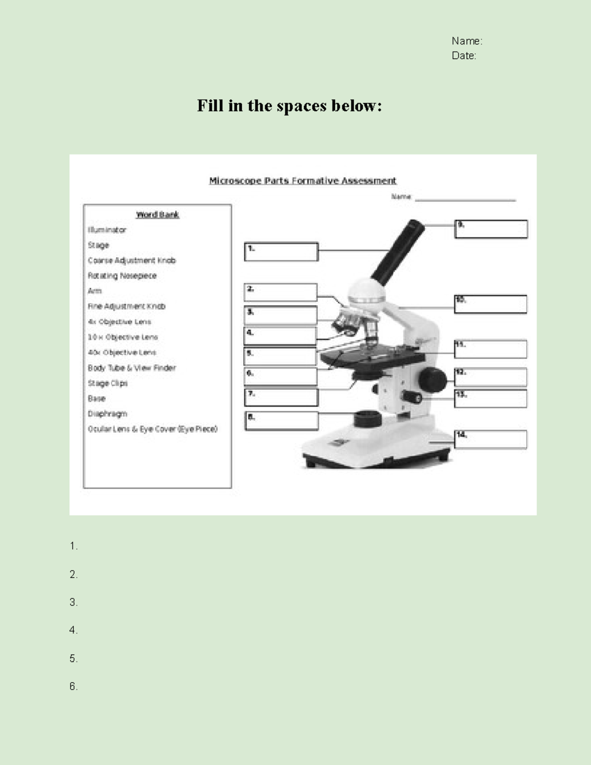Biology Lab Practical 1107 Study Guide - Name: Date: Fill in the spaces ...