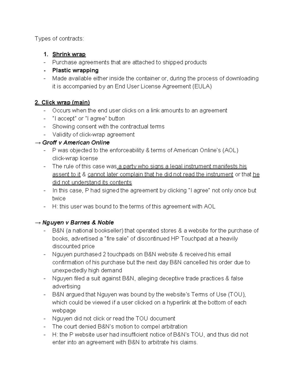 Cyberlaw - Topic 5 Signature - Types of contracts: Shrink wrap Purchase agreements that are ...