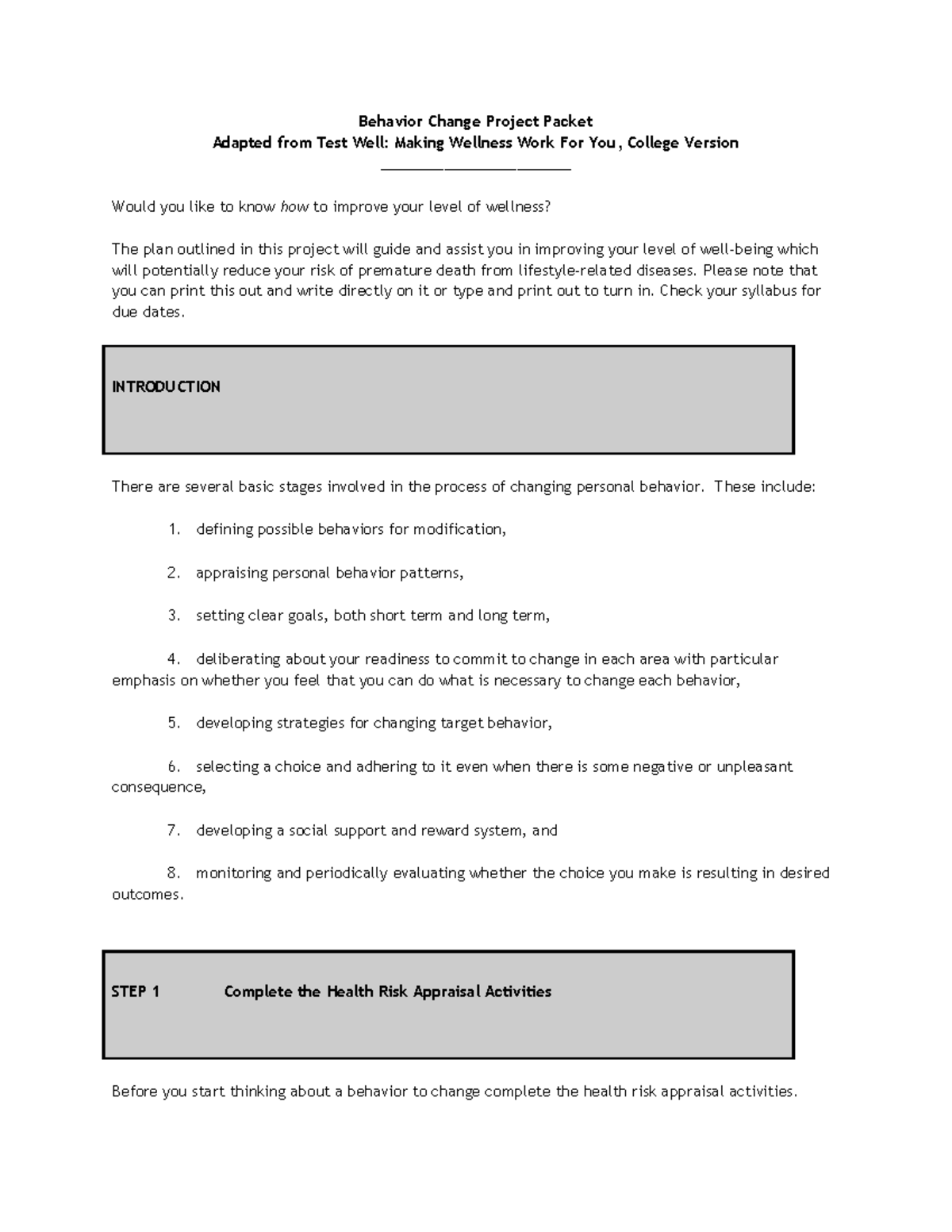 Behavior Change Project Packet - Please note that you can print this ...