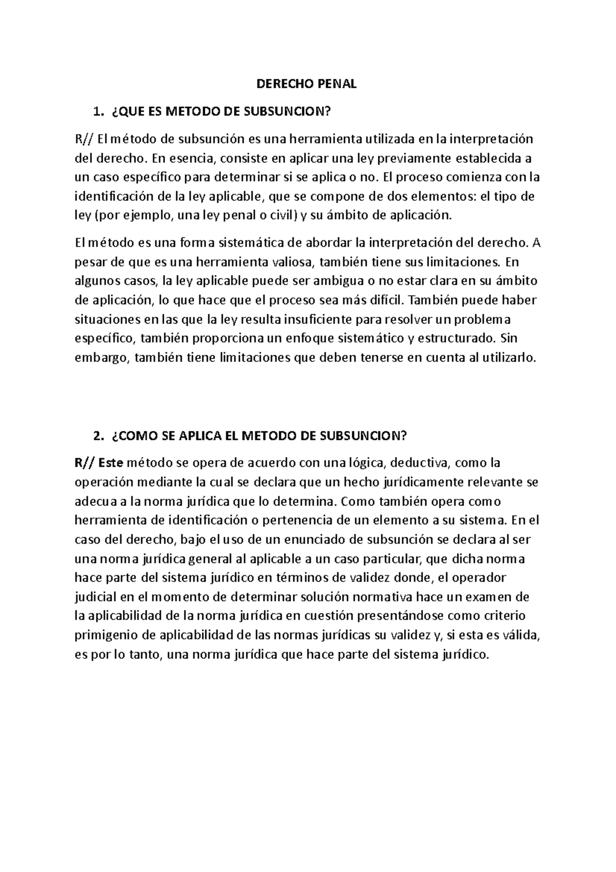 Derecho Penal - Analisis sobre el metodo de subsunción - DERECHO PENAL ...