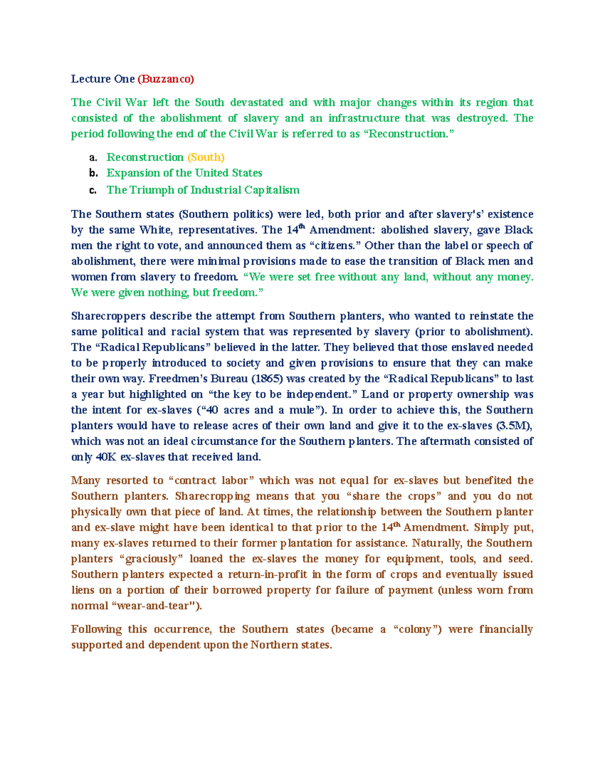 HIST 1378 - The U.S. Since 1877 - Lecture One (Buzzanco) The Civil War ...