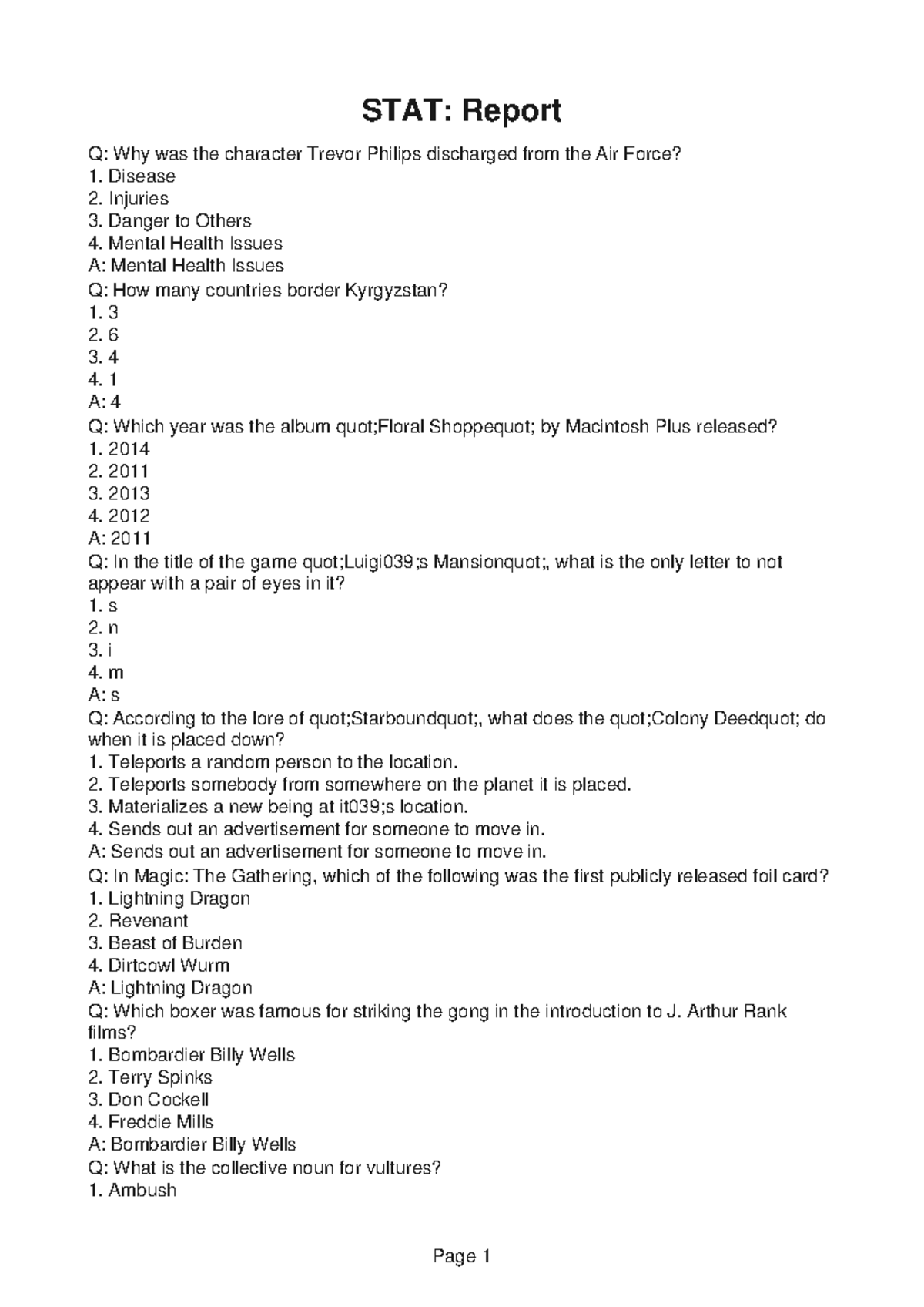 STAT231 Progress Report 4 - STAT: Report Q: Why was the character ...