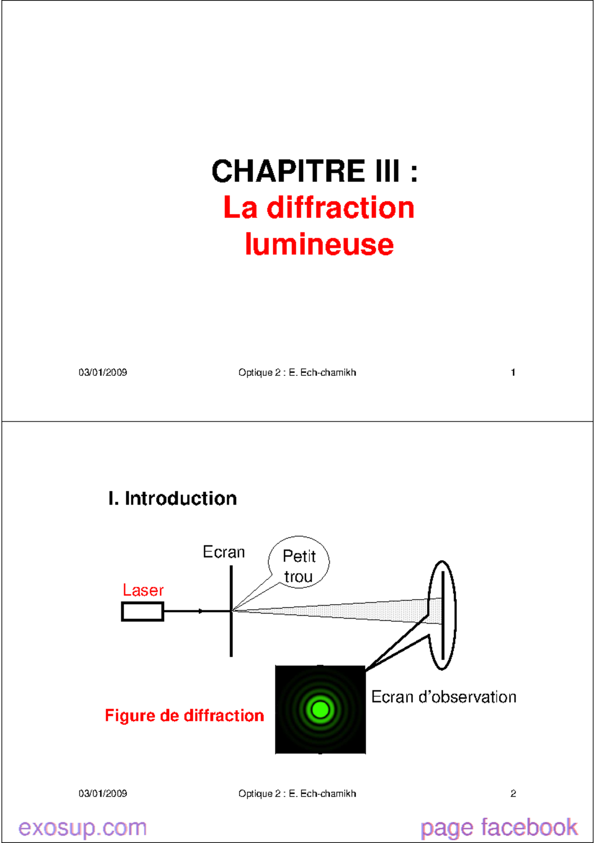 3-Diffraction By Exo Sup - 03/01/2009 Optique 2 : E. Ech-chamikh 1 CHAPITRE III : La diffraction ...
