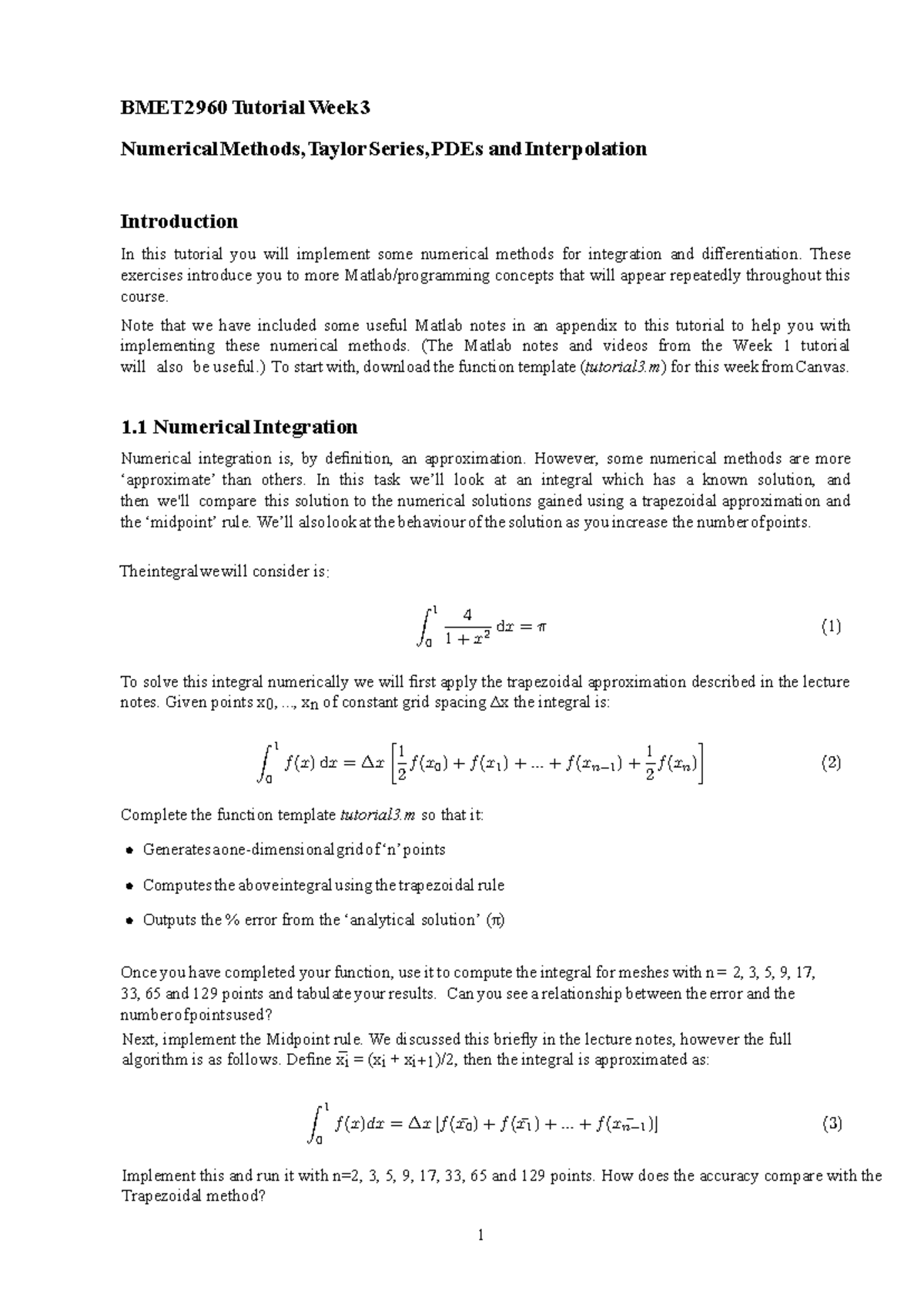 BMET2960 Week3 Tutorial - BMET2960 Tutorial Week 3 Numerical Methods, Taylor Series, PDEs and ...