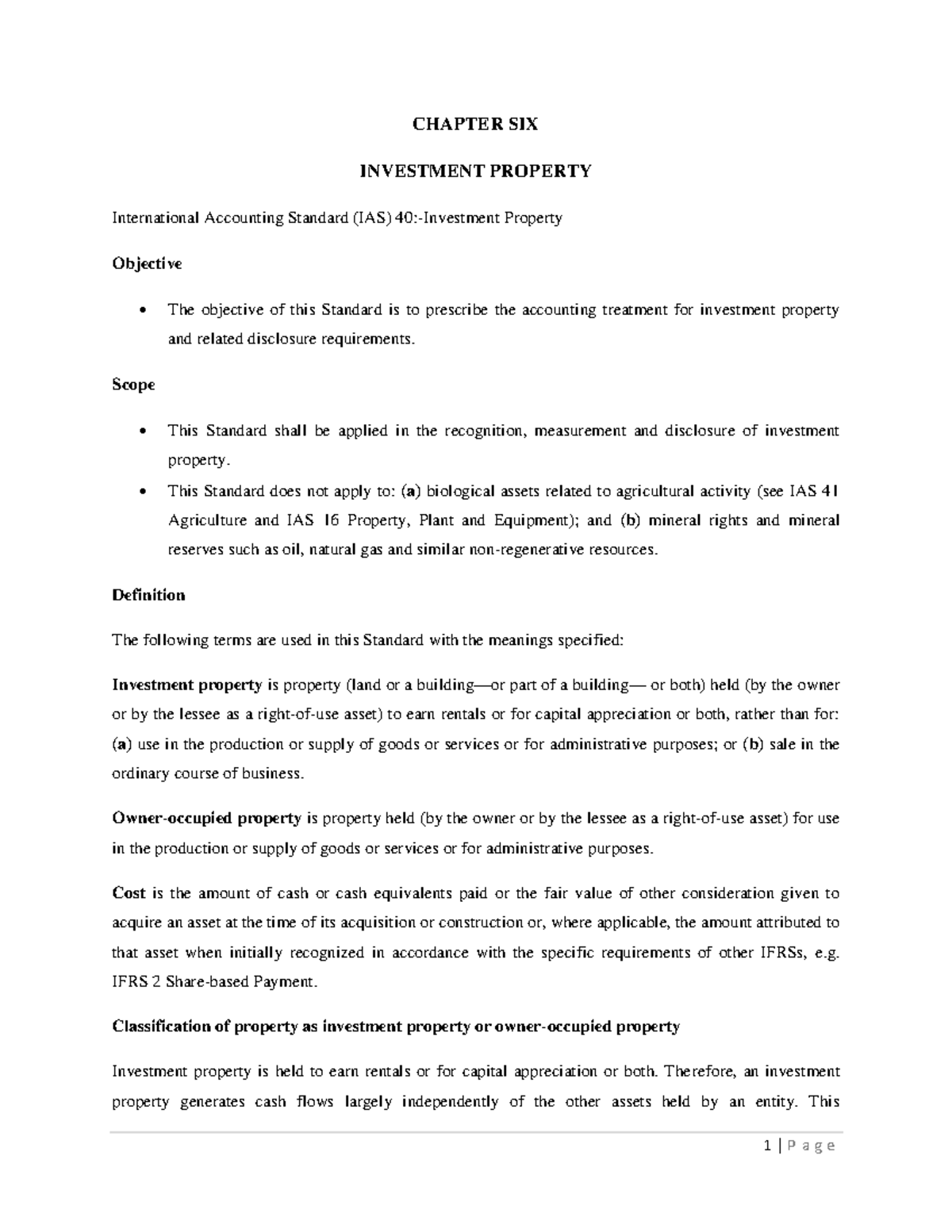 IFA-I - CHAPTER SIX INVESTMENT PROPERTY International Accounting ...
