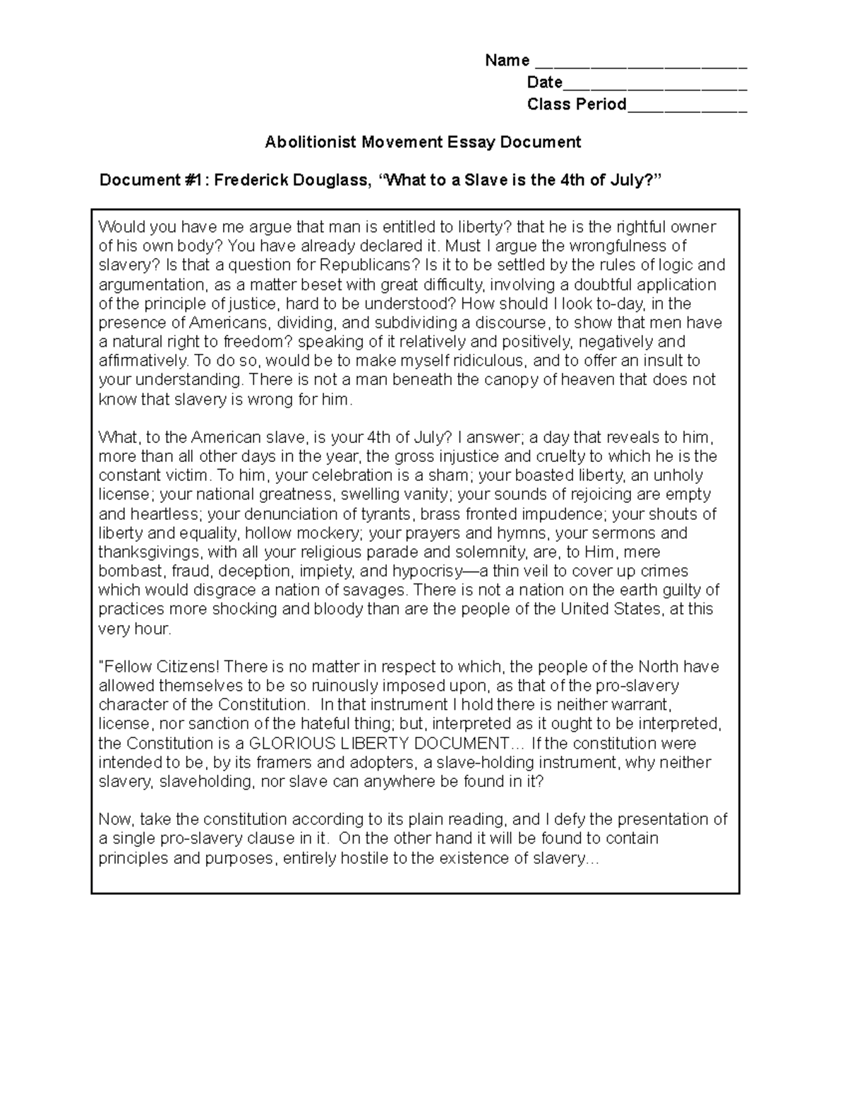 Abolitionist Movement Essay Documents - Name ...