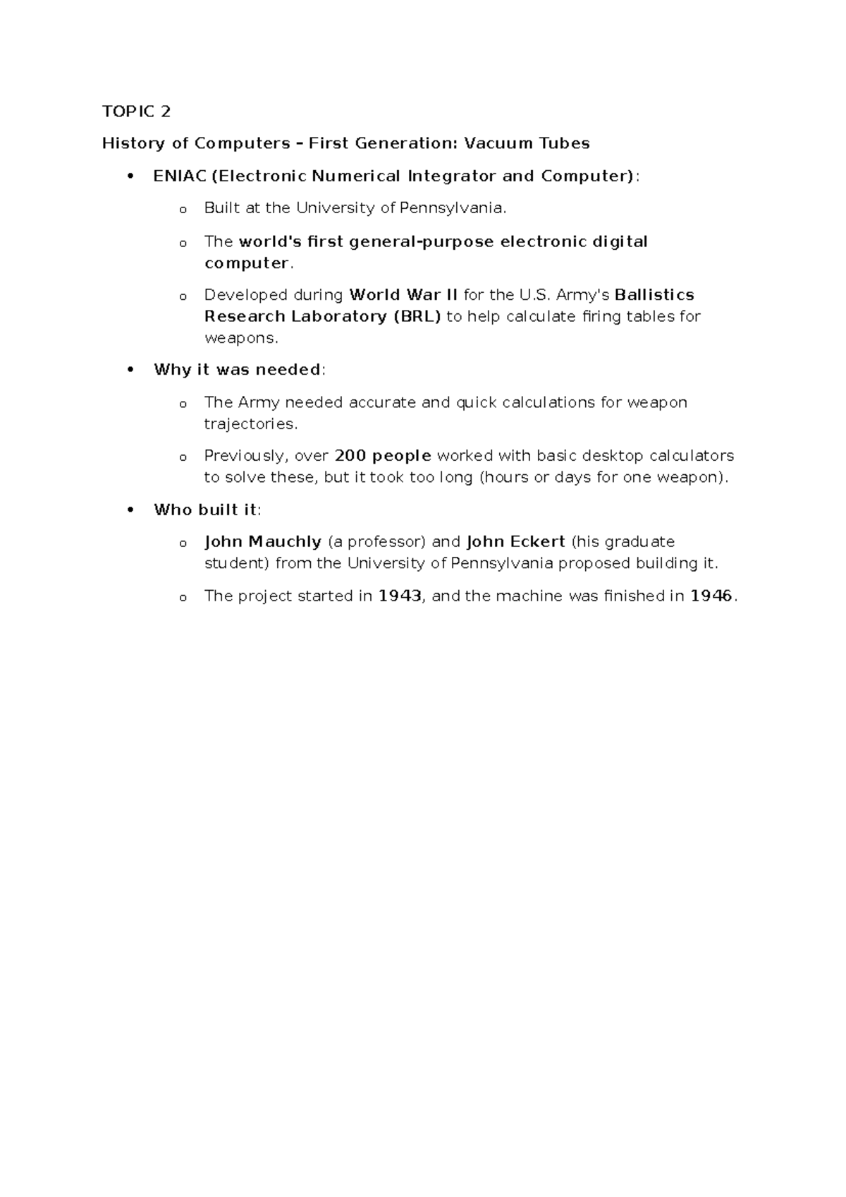 CAO Notes Topic 2 - TOPIC 2 History of Computers – First Generation ...