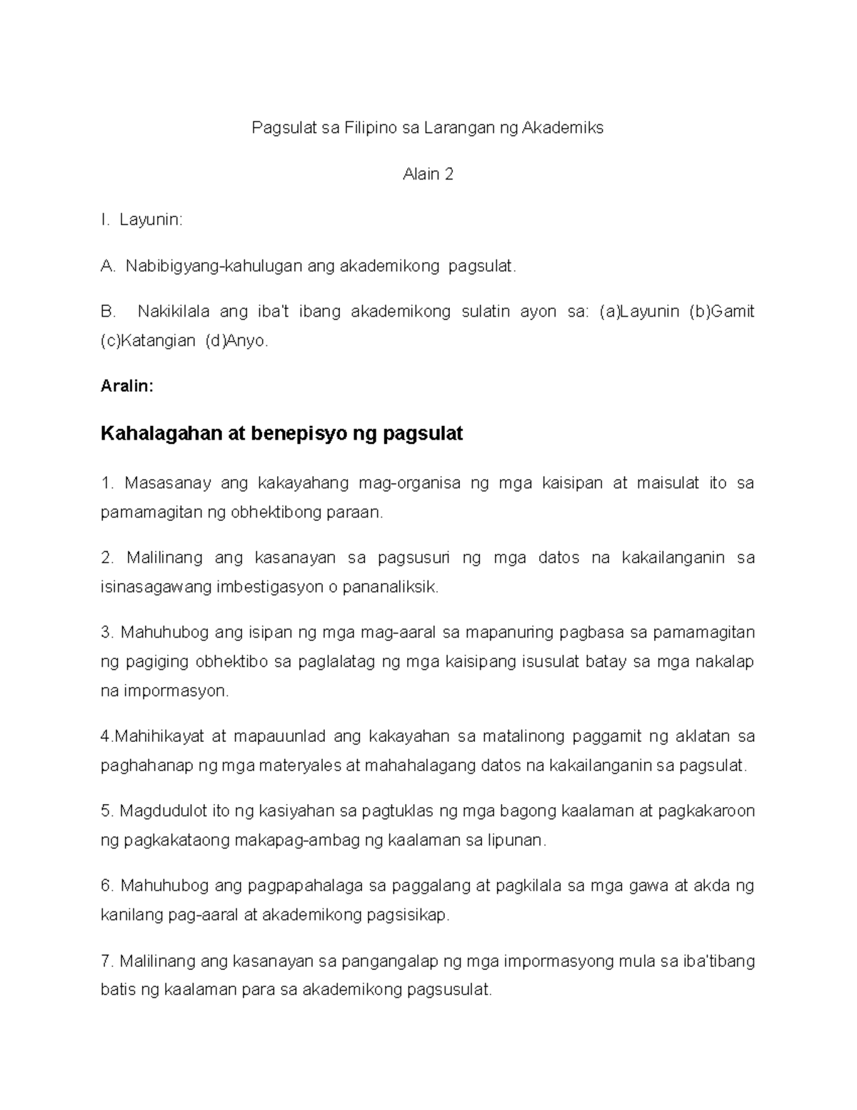 Aralin-2-Kahalagahan-at-benepisyo-ng-pagsulat - Pagsulat sa Filipino sa ...