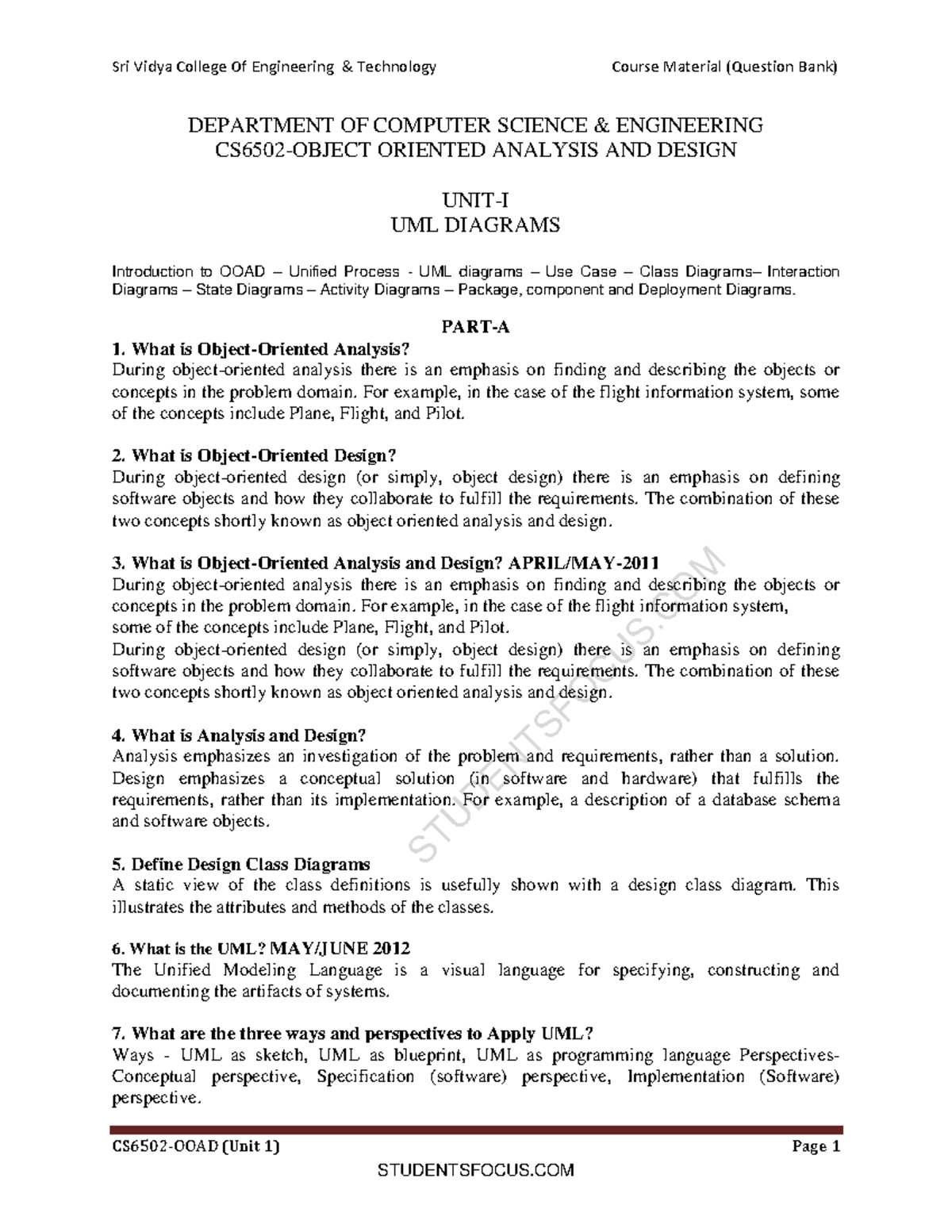 QB104531 - OOSE SUBJECT - STUDENTSFOCUS CS6502-OOAD (Unit 1) Page 1 DEPARTMENT OF COMPUTER ...