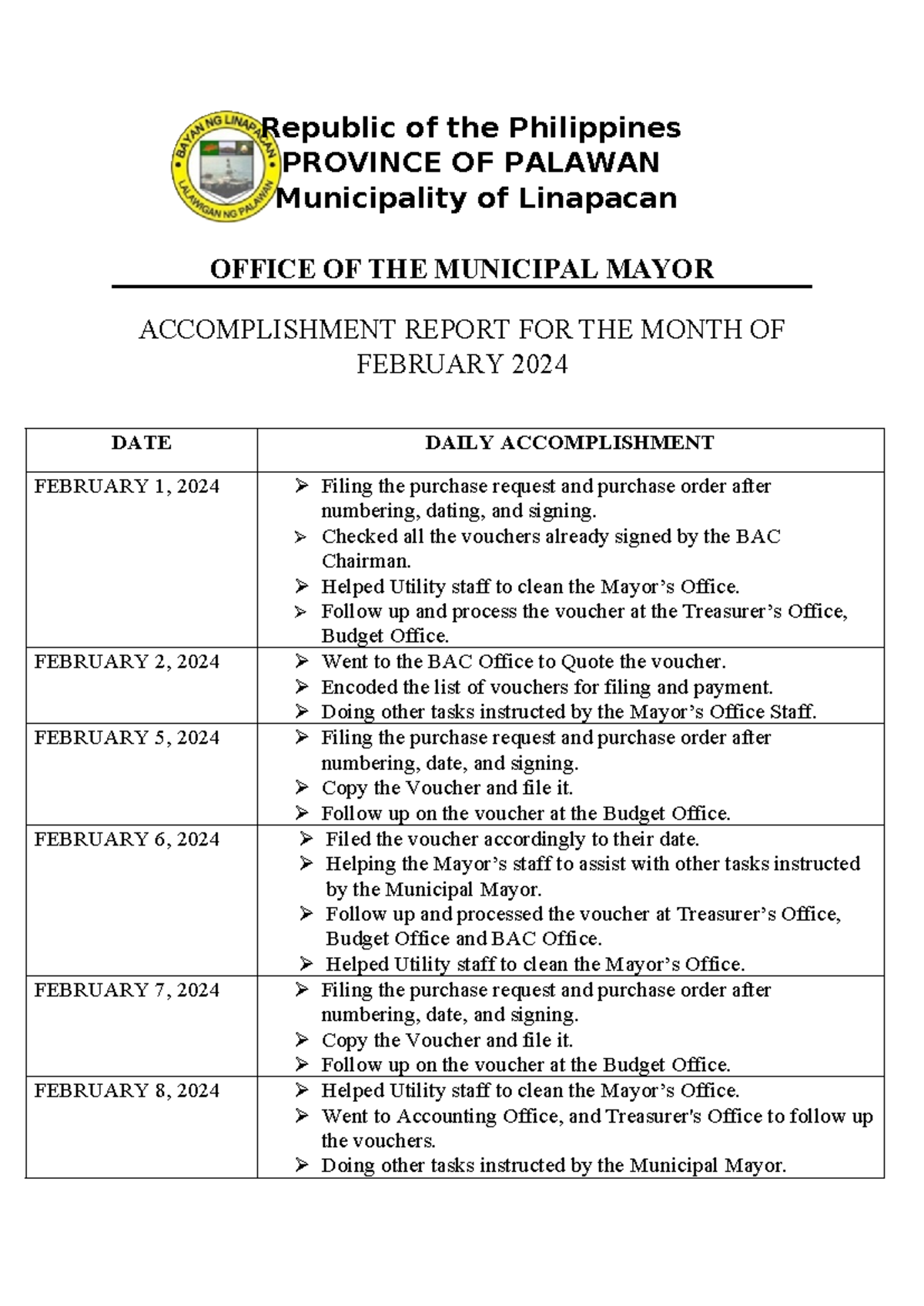 ACCOMPLISHMENT, MINUTES OF MEETING, NOTICE OF MEETING. EXECUTIVE ORDER ...