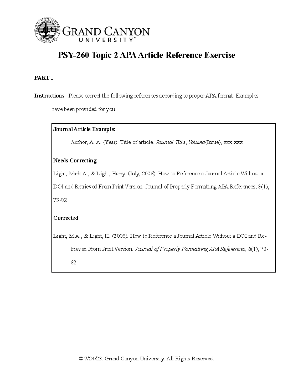 APA Article Reference Exercise - Examples have been provided for you ...