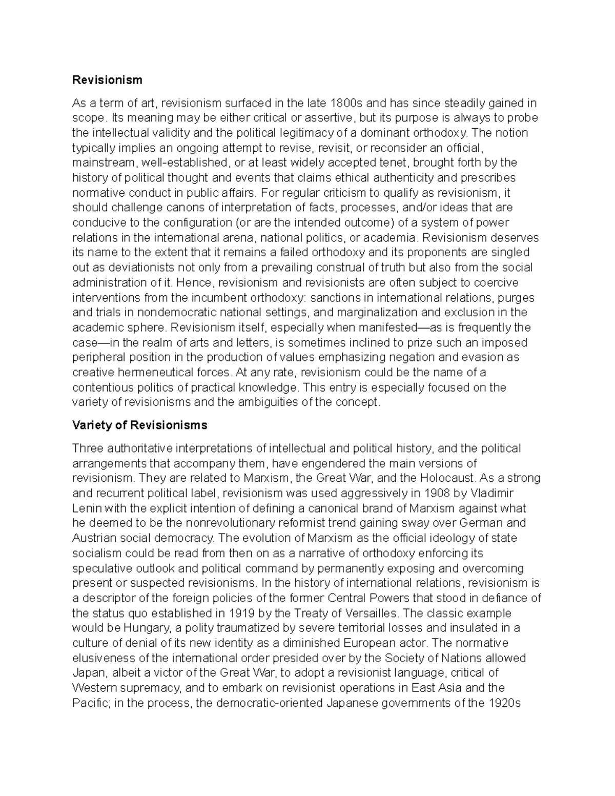 Revisionism - Its meaning may be either critical or assertive, but its ...