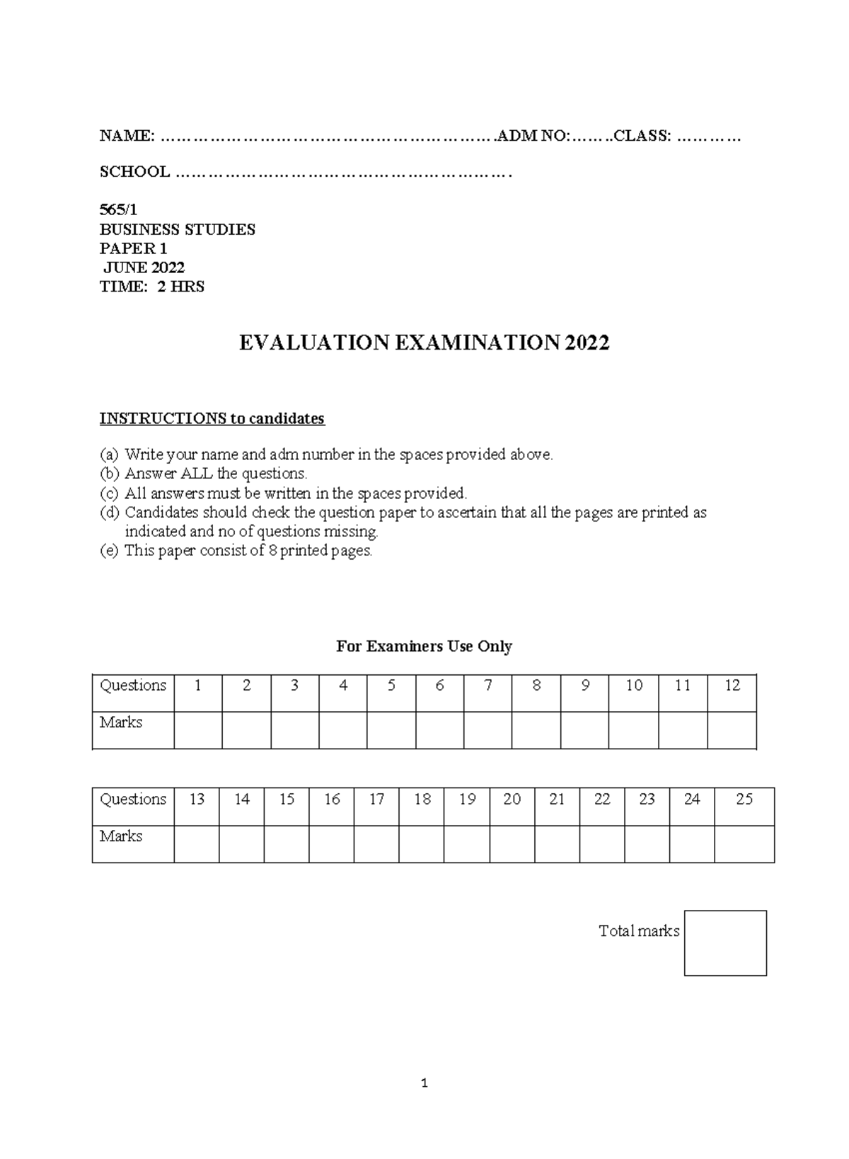 Business P1 FORM 4 2022 END TERM 1 Teacher - NAME: - Studocu