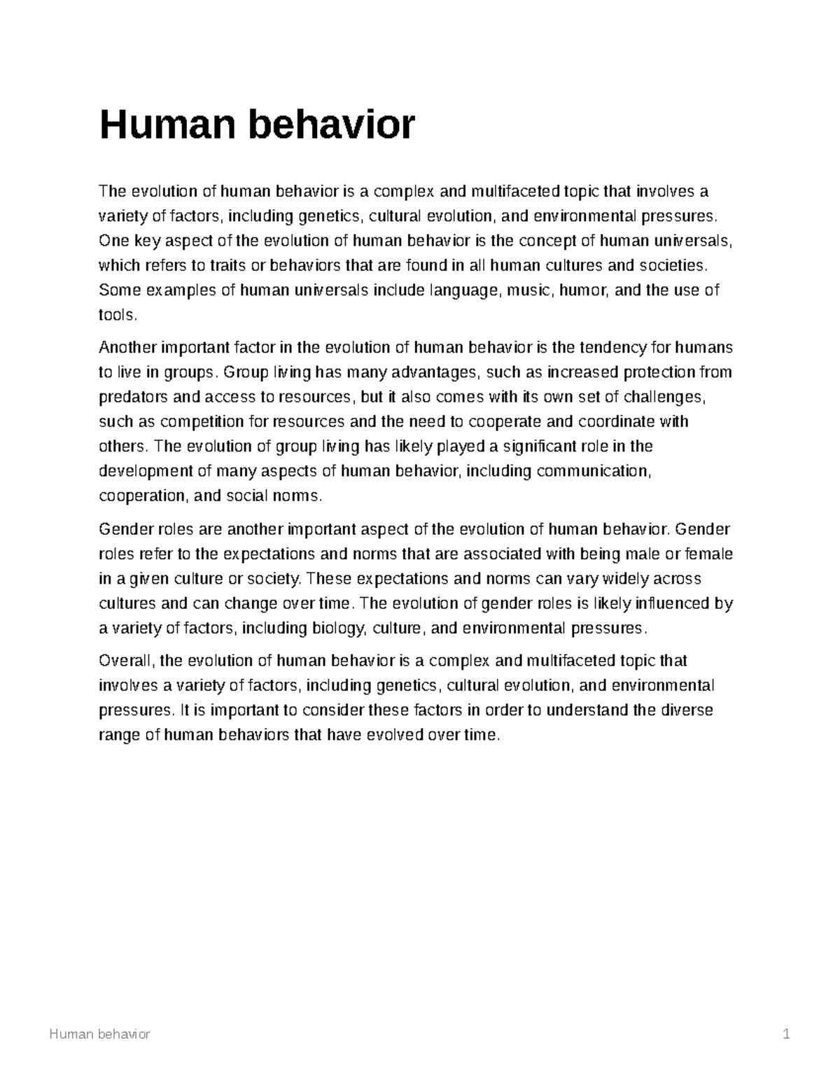 Human behavior - Notes - Human behavior 1 Human behavior The evolution ...