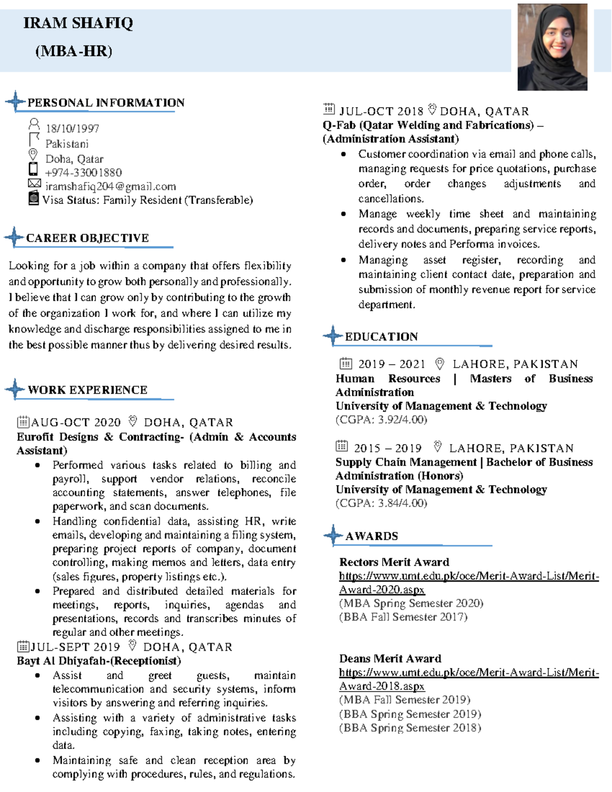 Iram Shafiq CV - yes - 18/10/ Pakistani Doha, Qatar +974- iramshafiq204 ...