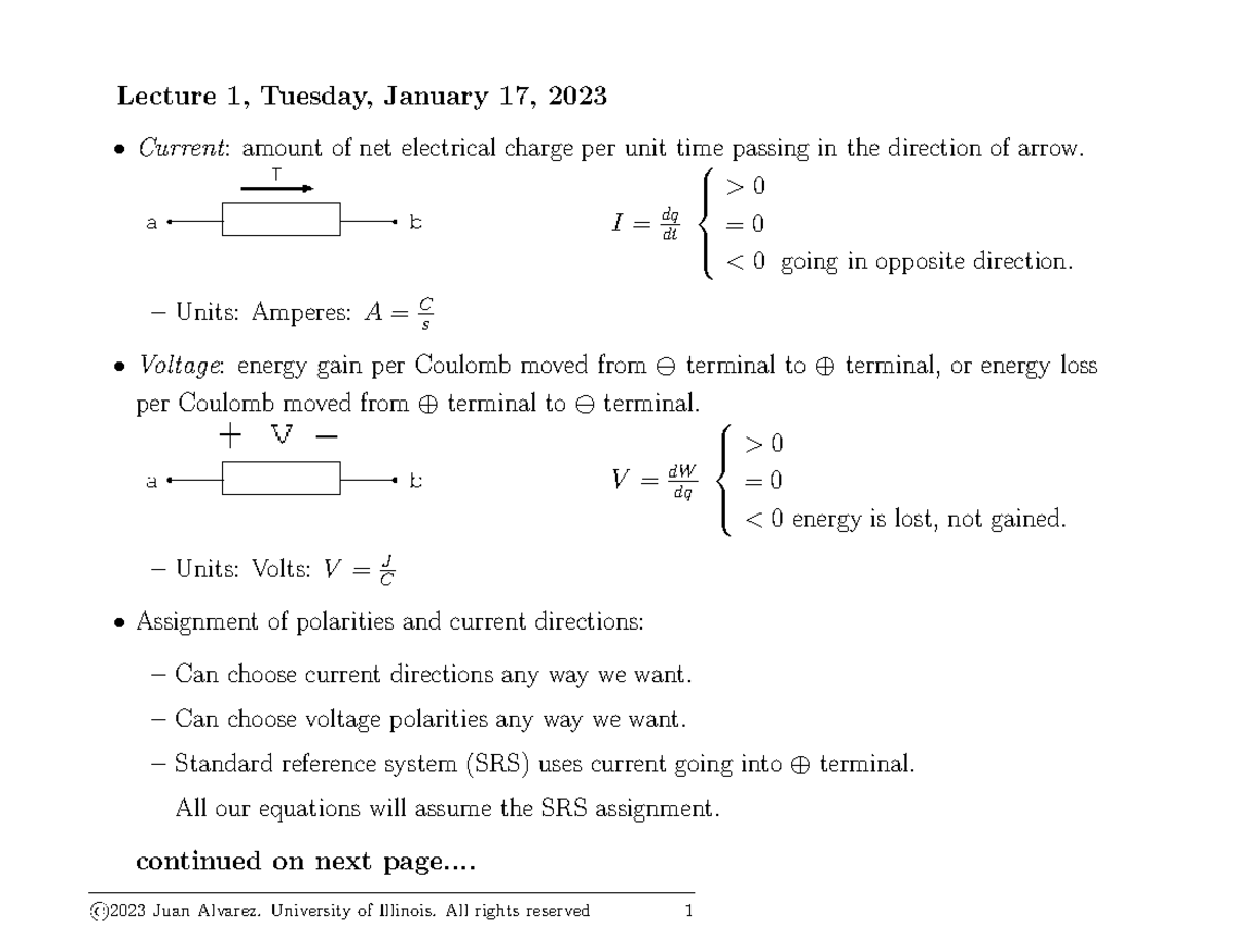 Lecture 1 Review (17:01:2023) - Lecture 1, Tuesday, January 17, 2023 Current: amount of net ...